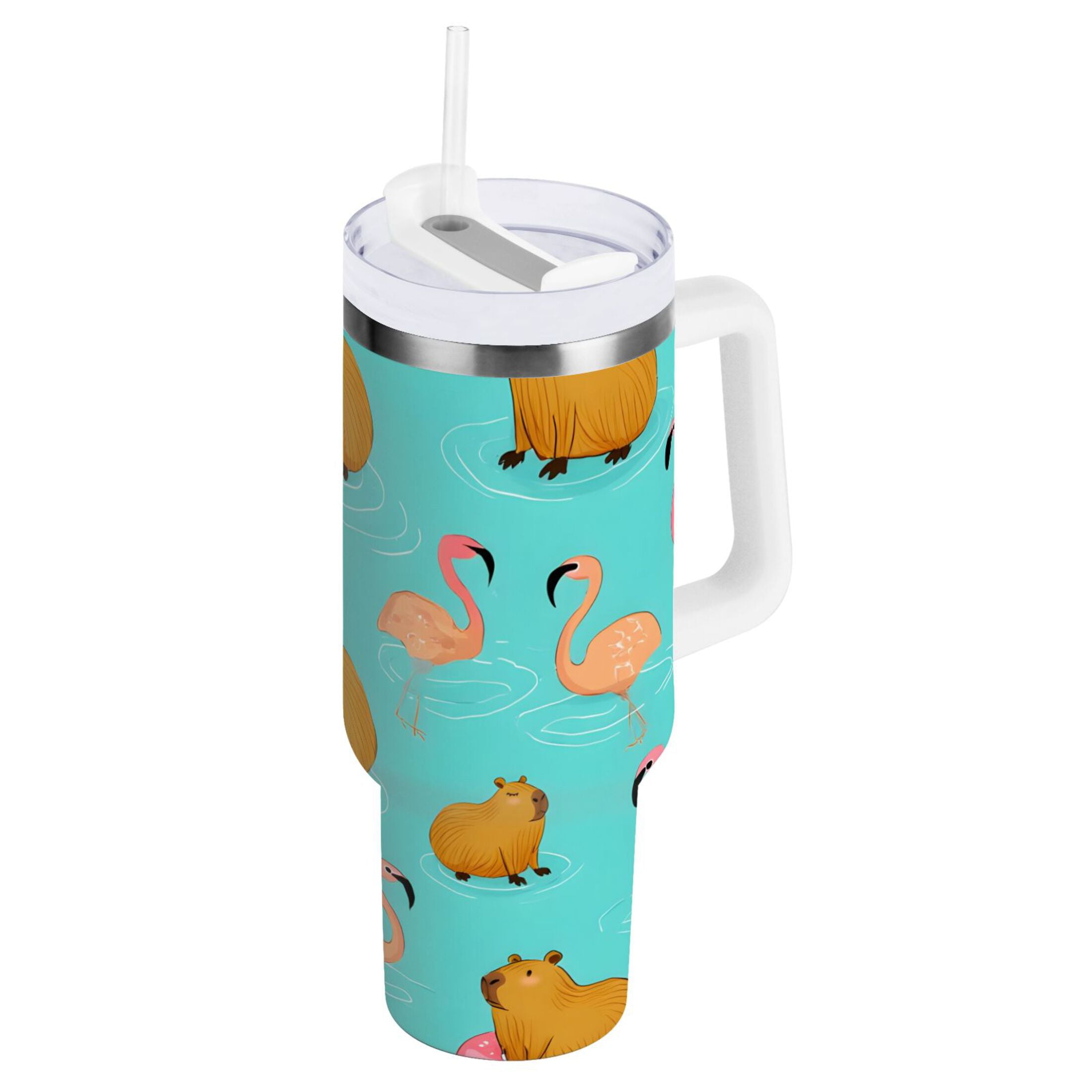 Ryvnso 40 oz Tumbler with Handle and Straw Cartoon Capybara Flamingo ...