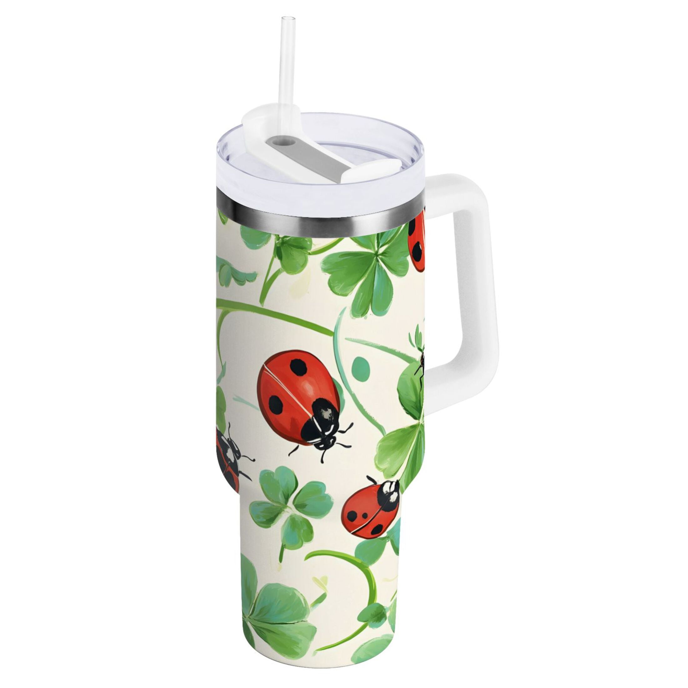 Ryvnso 40 oz Tumbler with Handle and Straw Ladybugs Clover Flower ...