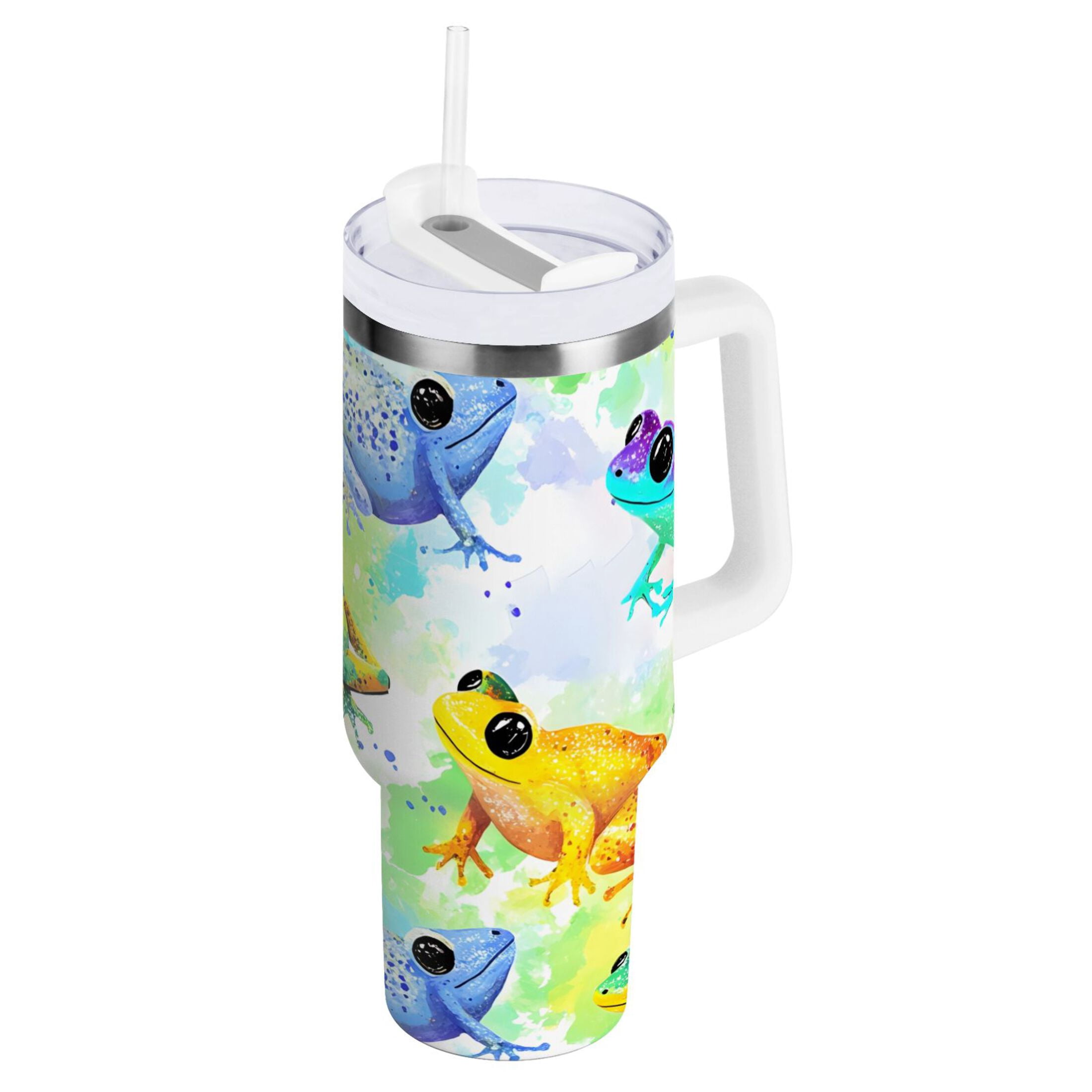 Ryvnso 40 oz Tumbler with Handle and Straw Watercolor Frogs Insulated ...
