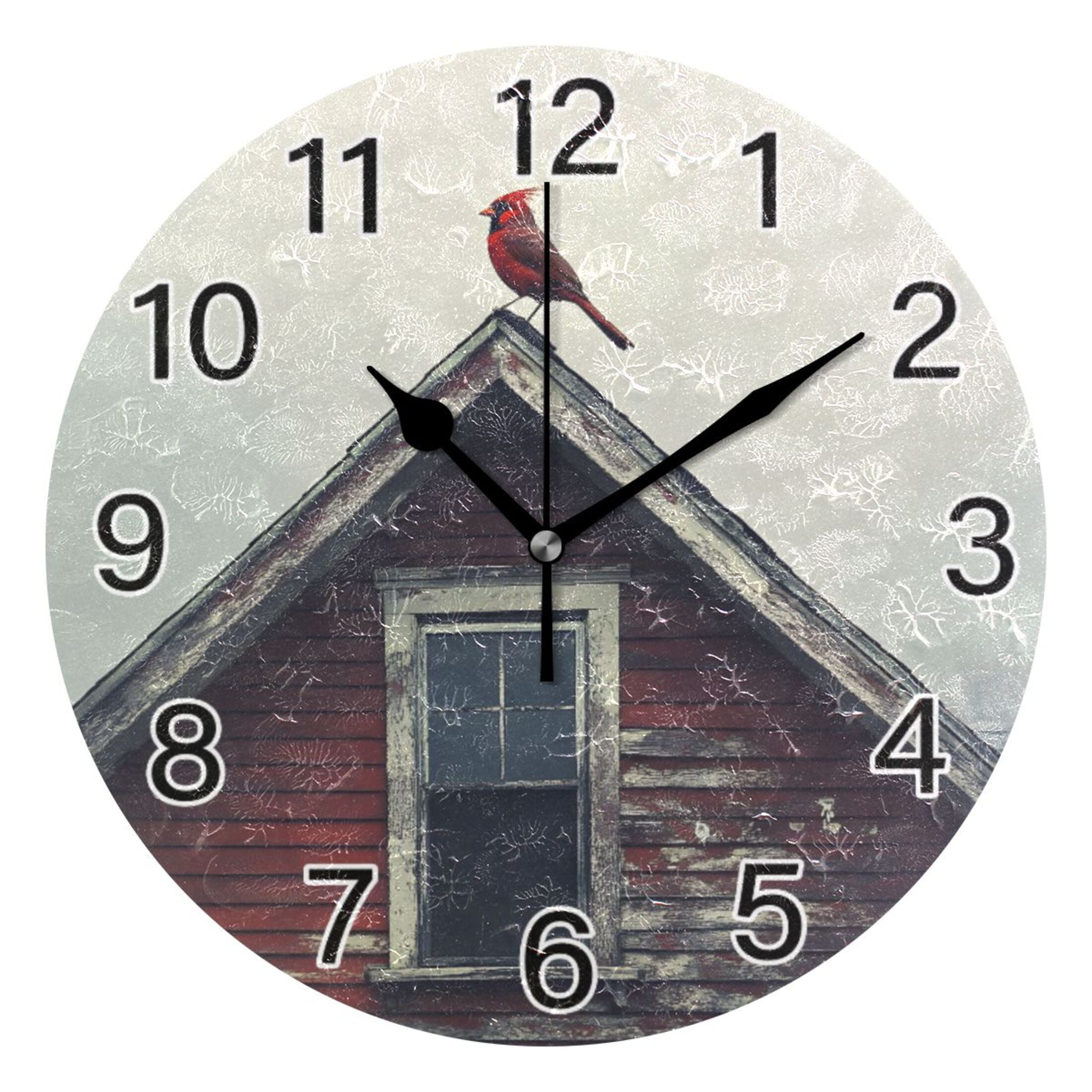 Ryvnso A Red Bird on Roof Wall Clock Non Ticking Silent Kitchen Clock ...