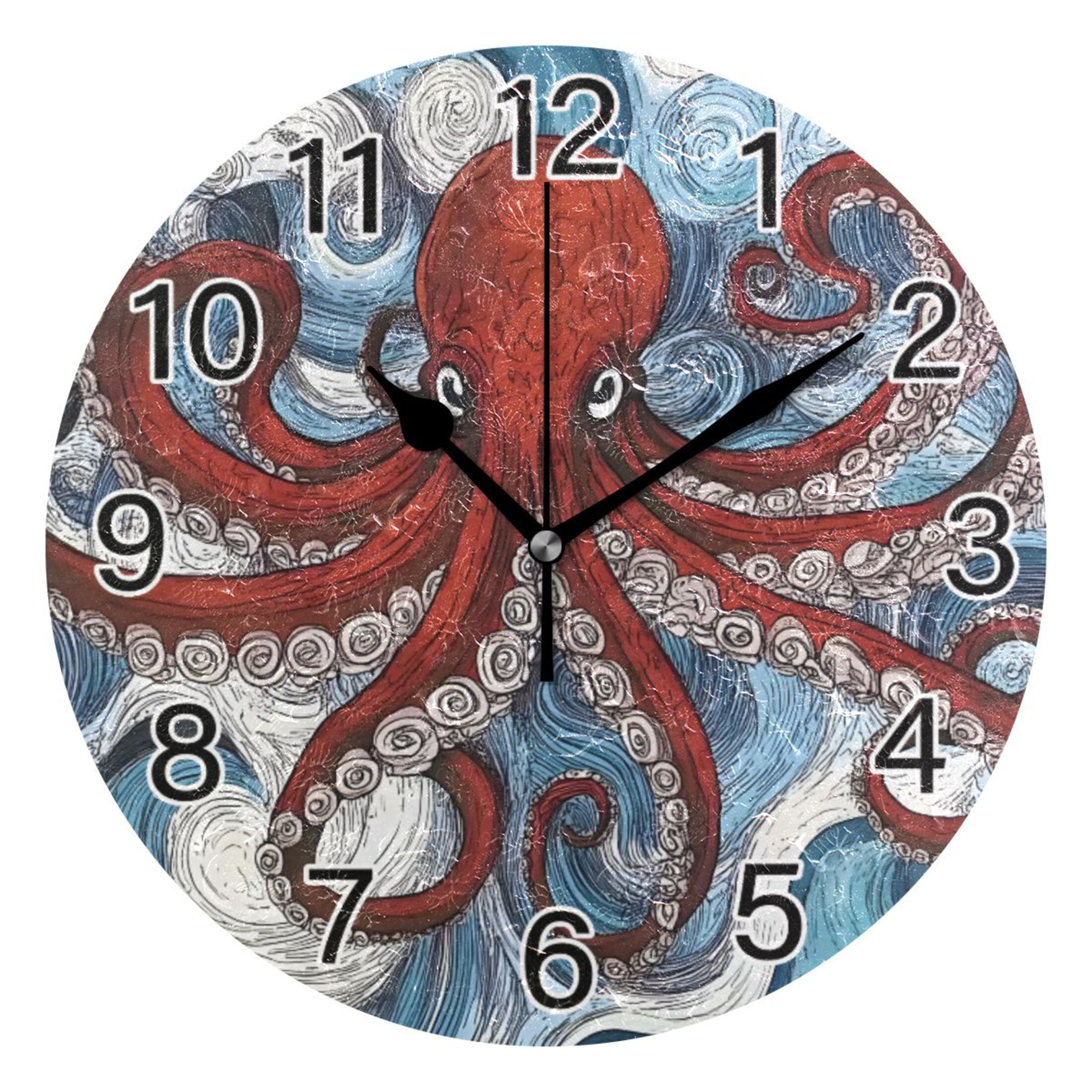 Ryvnso A Red Octopus Wall Clock Non Ticking Silent Kitchen Clock ...