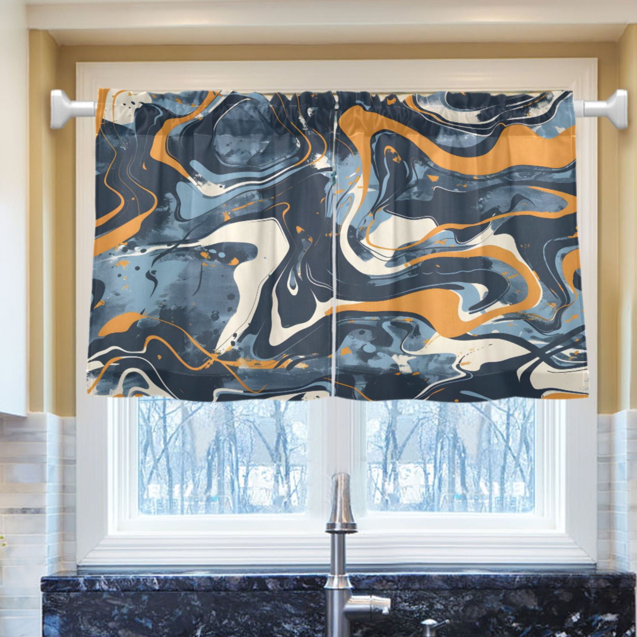 Ryvnso Abstract Blue Graffiti Half Curtains Sets Tier 2 Panels Short ...