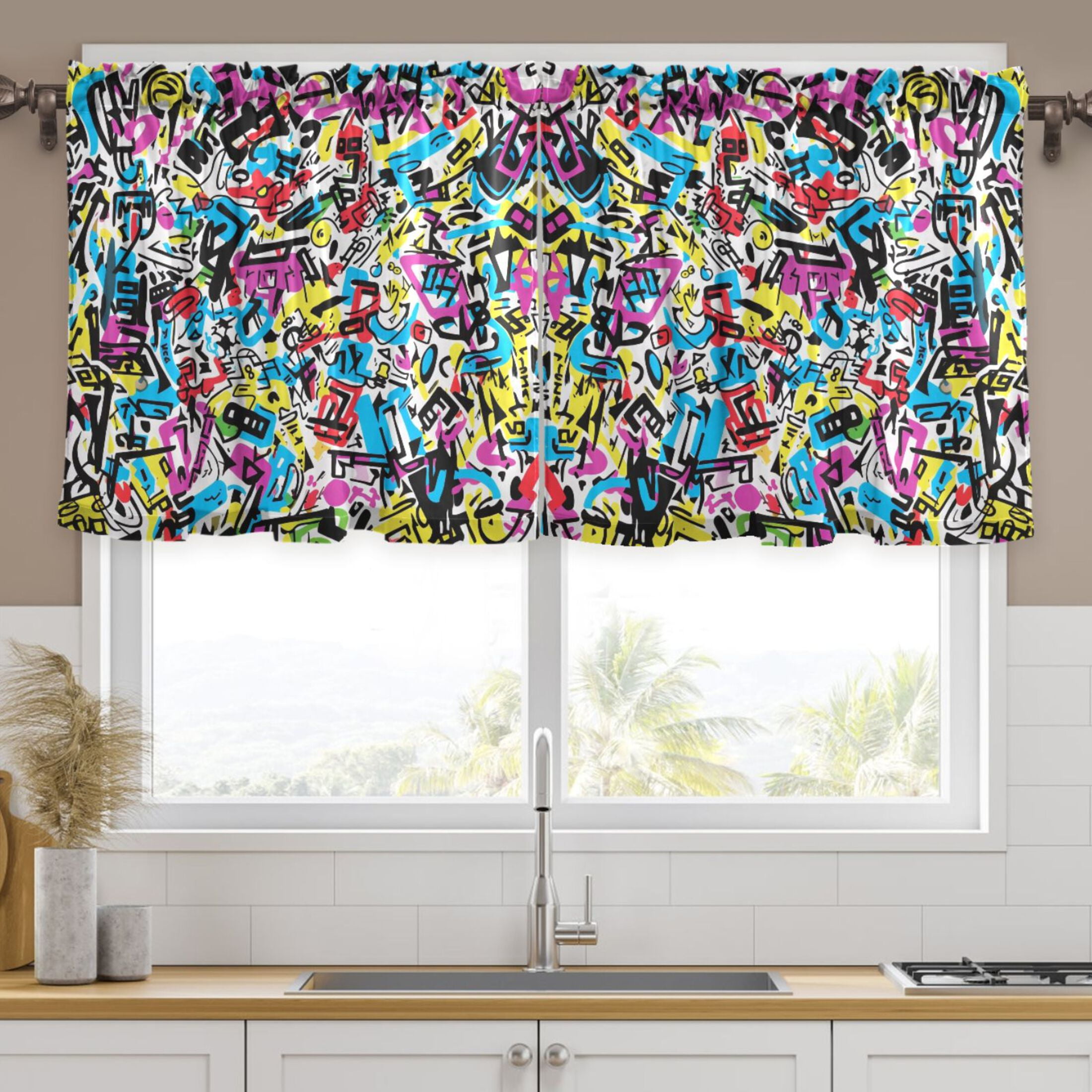 Ryvnso Abstract Pattern Curtains Sets Short Curtain Rod Pocket Half ...