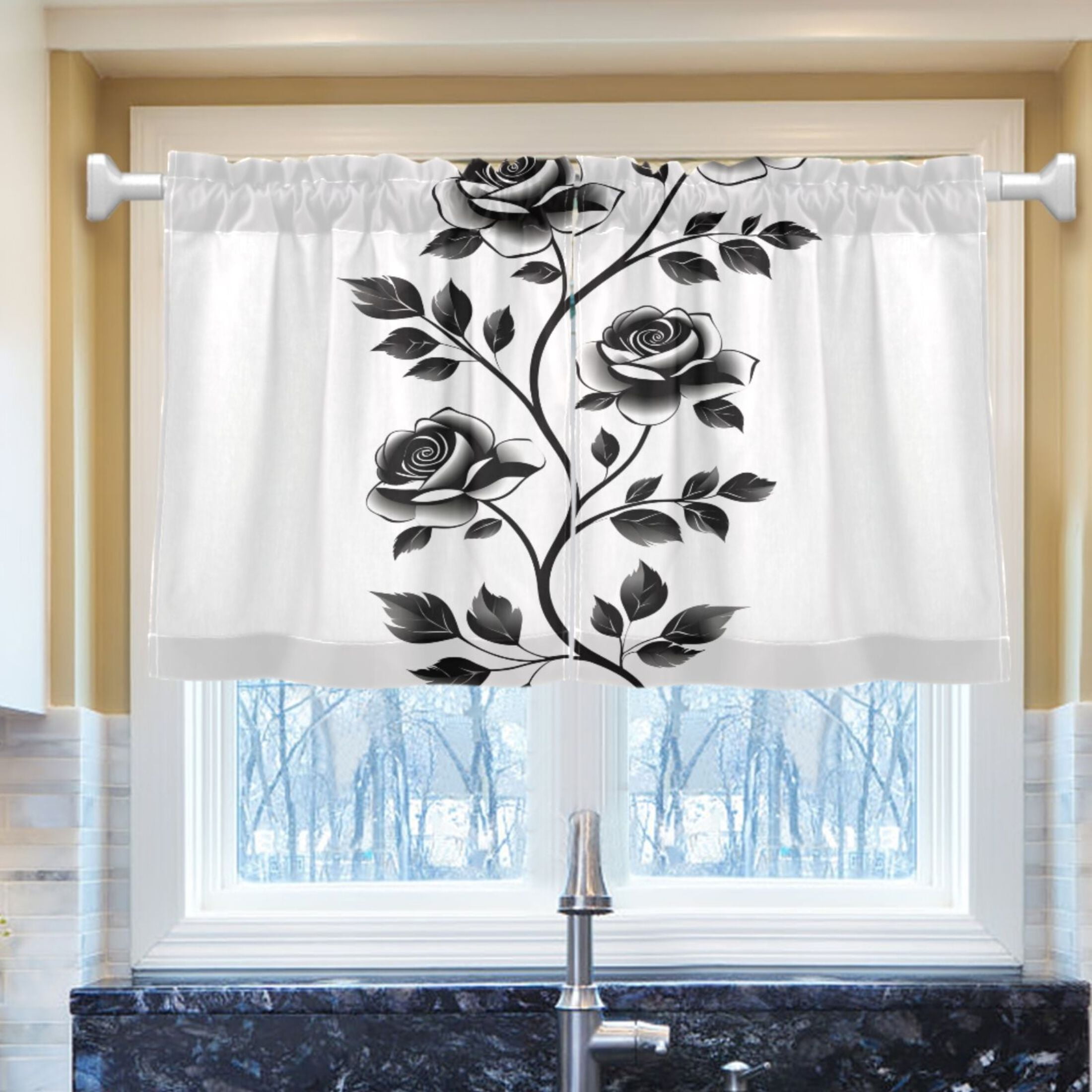 Ryvnso Art Roses Flower Half Curtains Sets Tier 2 Panels Short Curtain ...