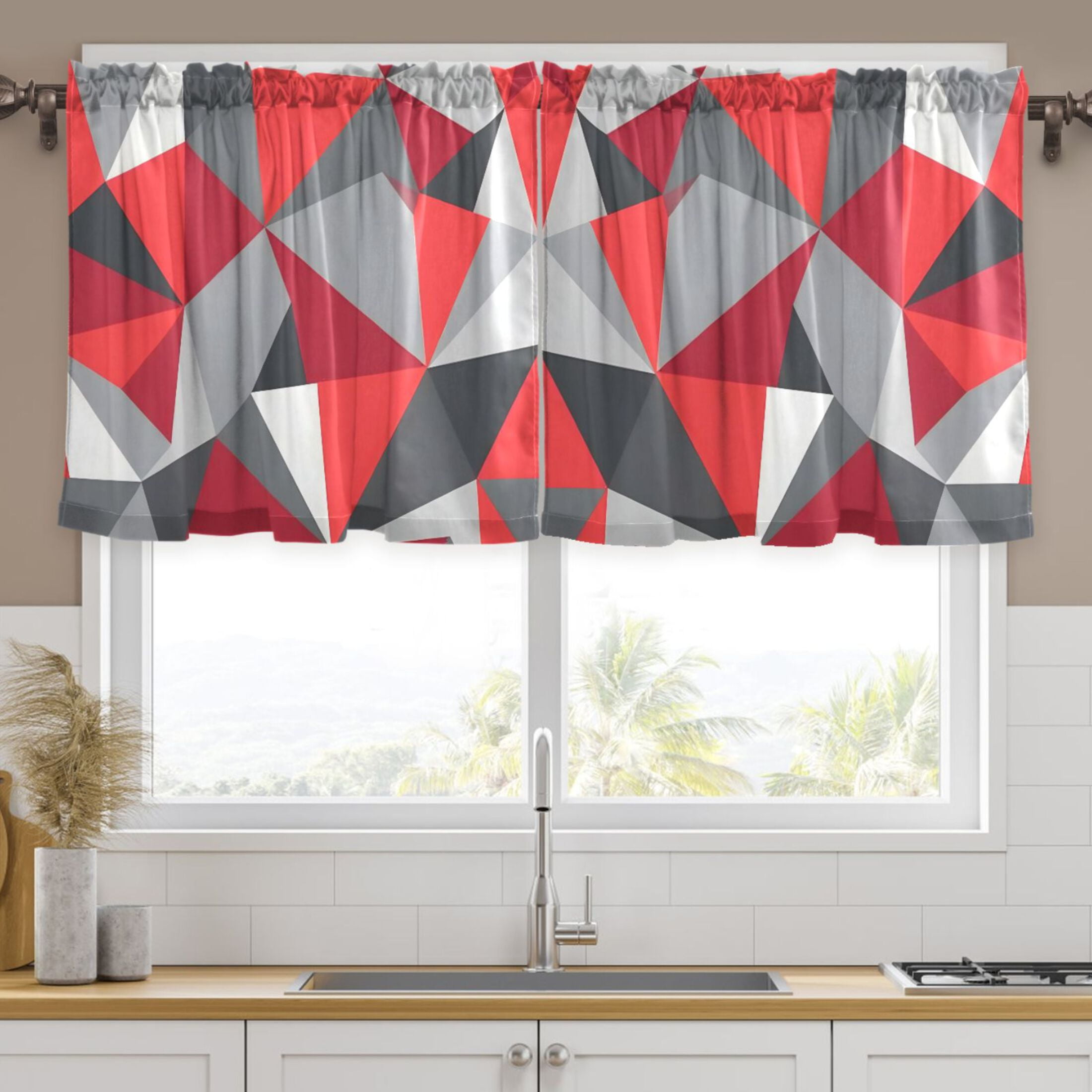 Ryvnso Artistic Triangle Geometry Red Curtains Sets Short Curtain Rod ...