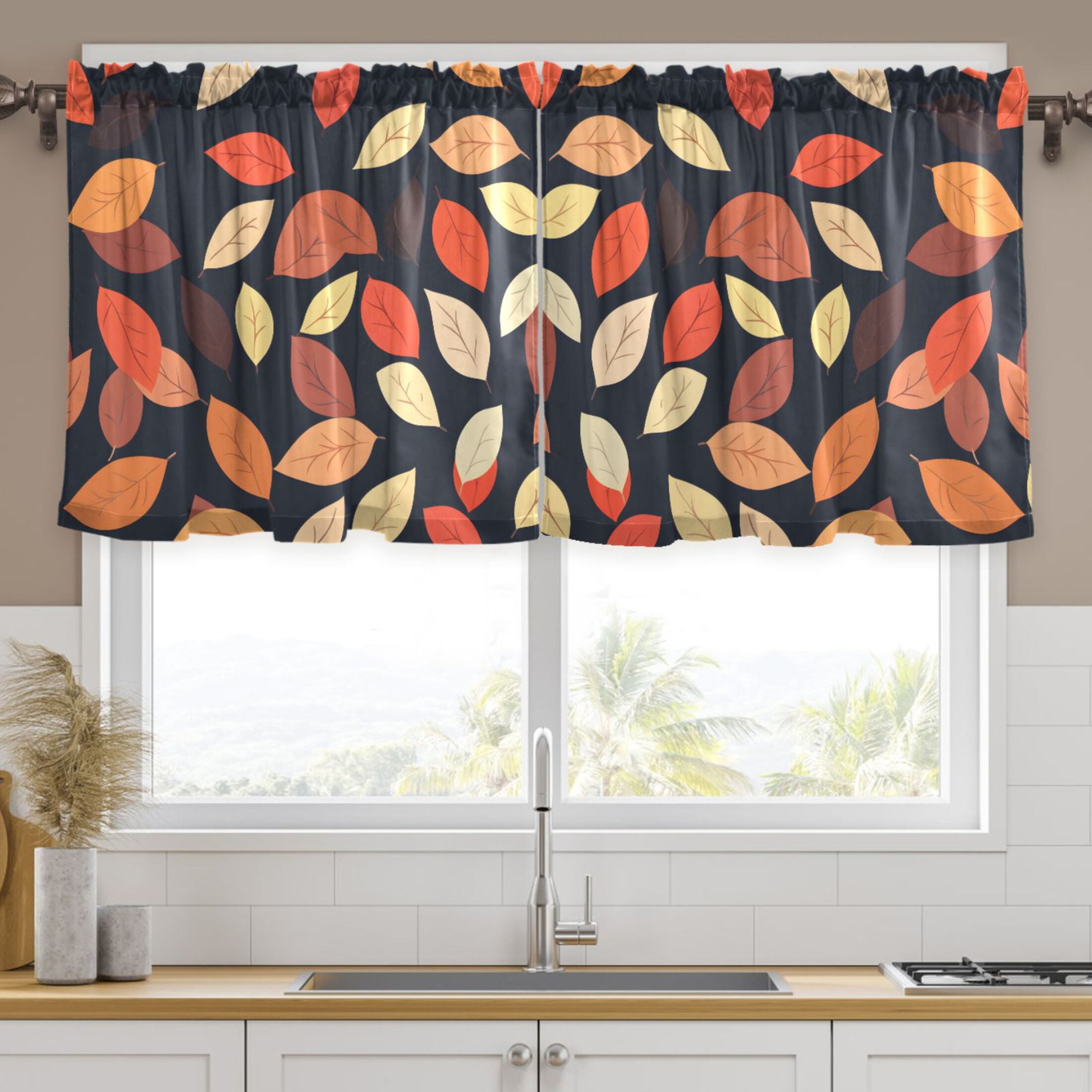 Ryvnso Autumn Fall Leaf Curtains Sets Short Curtain Rod Pocket Half ...