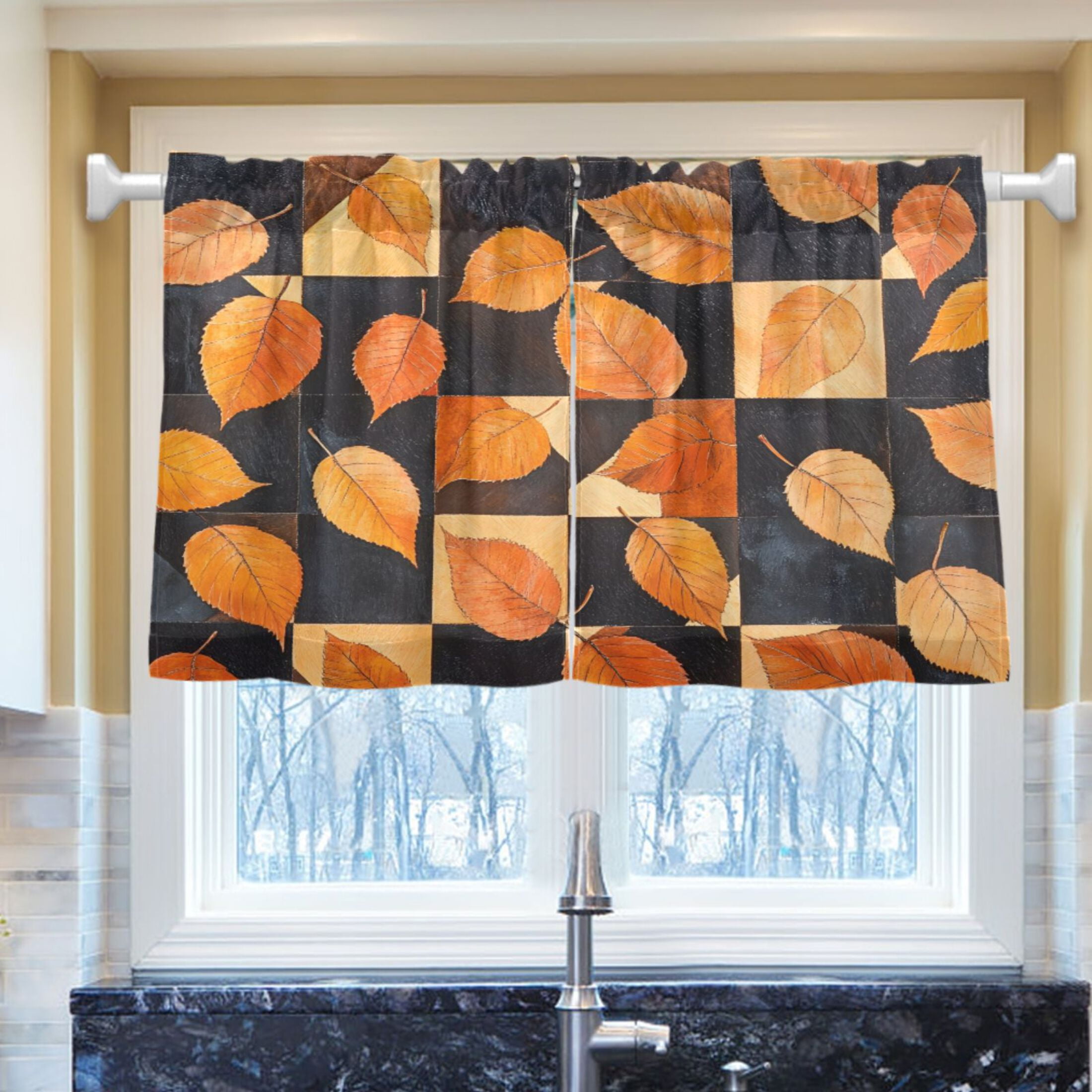 Ryvnso Autumn Leaves on Checkered Grid Half Curtains Sets Tier 2 Panels ...