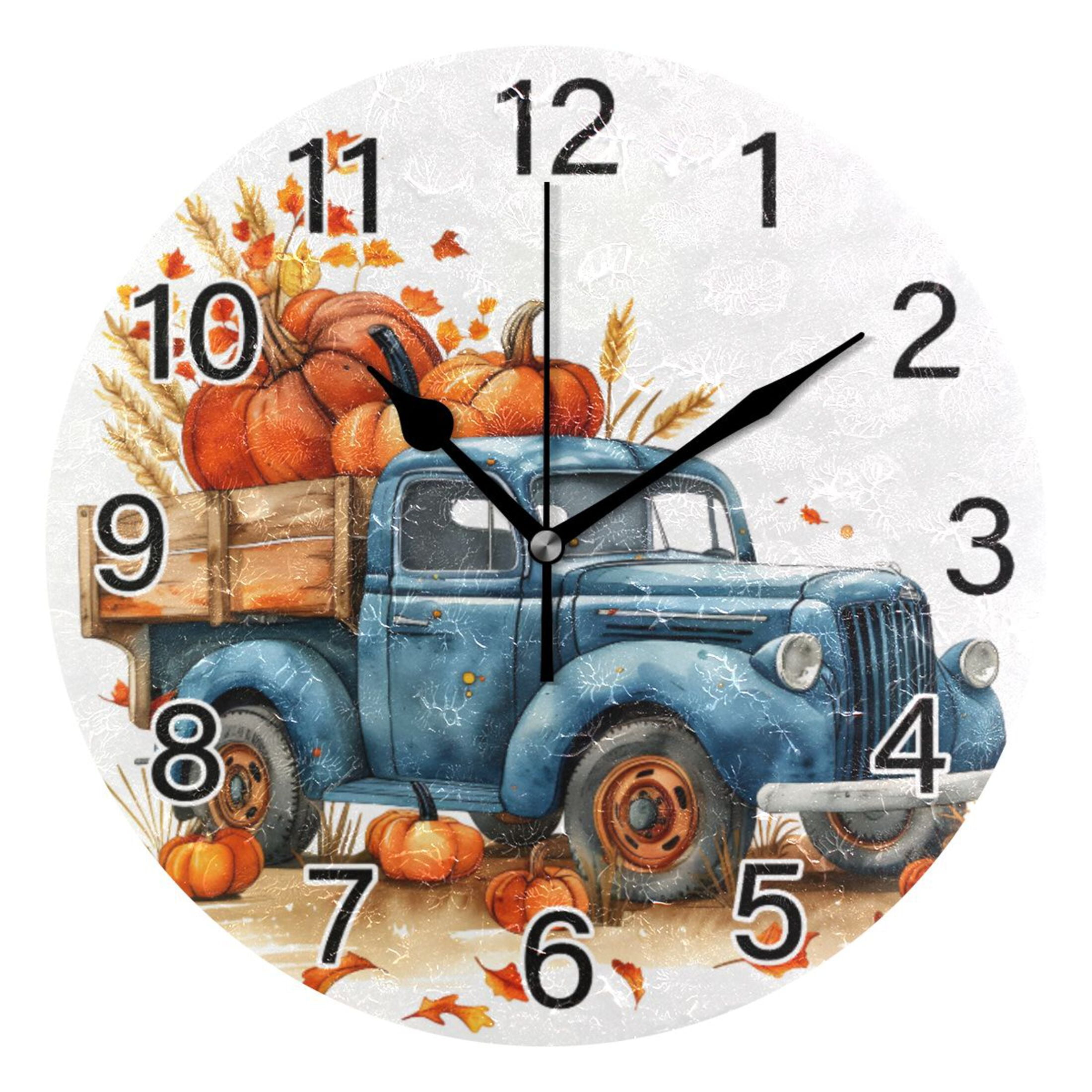 Ryvnso Autumn Truck with Pumpkins Wall Clock Non Ticking Silent Kitchen ...