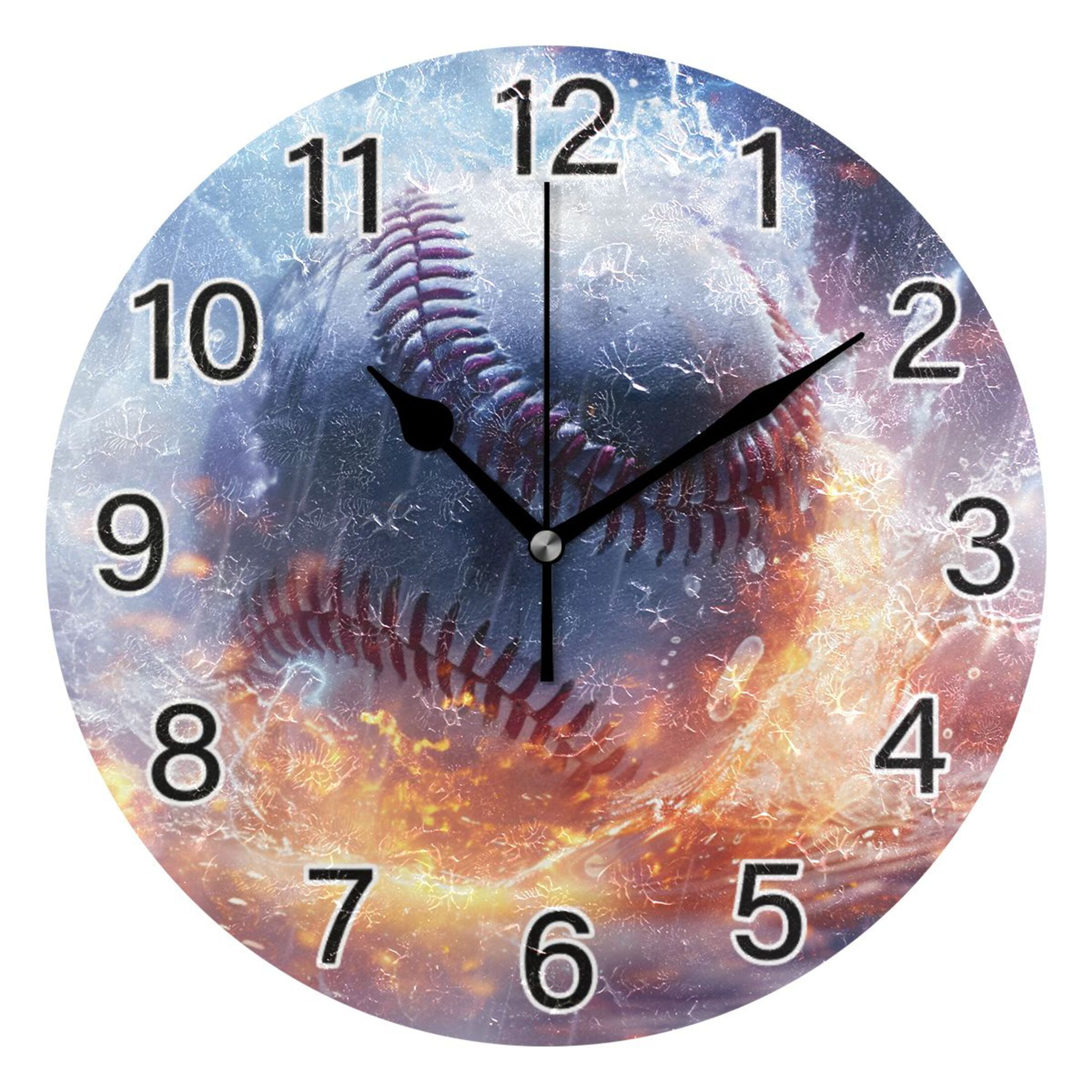 Ryvnso Baseball on Fire Wall Clock Non Ticking Silent Kitchen Clock ...