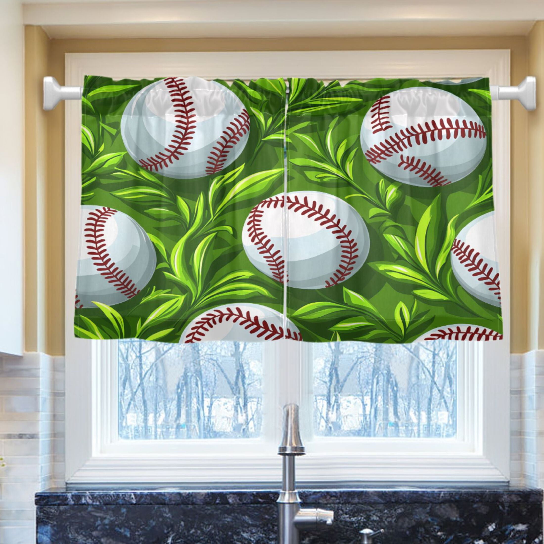 Ryvnso Baseball on Grass Half Curtains Sets Tier 2 Panels Short Curtain ...