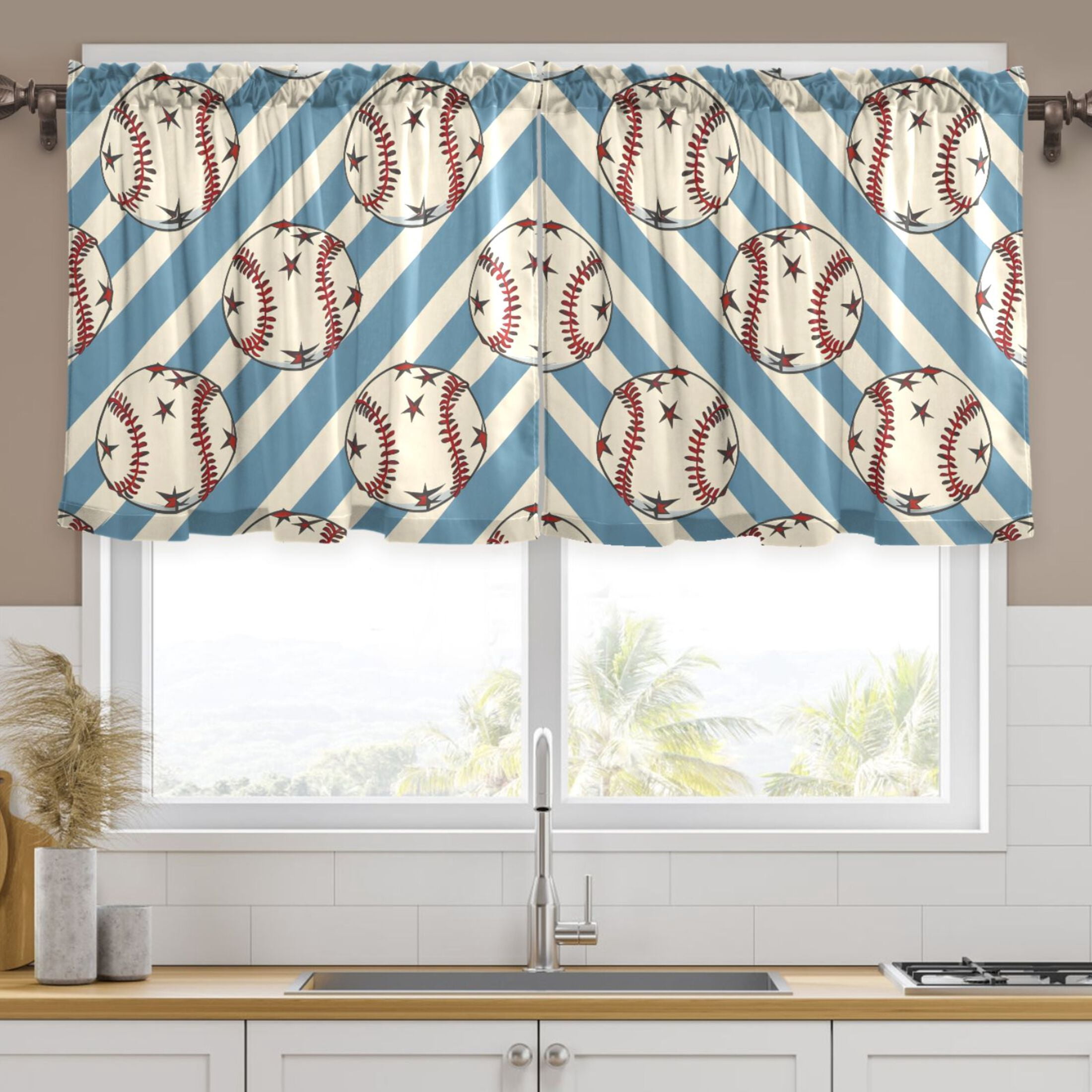 Ryvnso Baseballs on Stipes Curtains Sets Short Curtain Rod Pocket Half ...