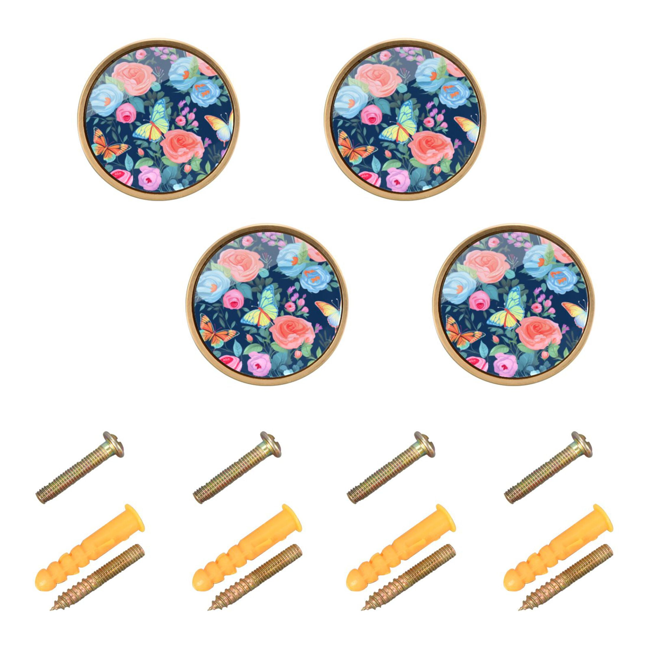 Ryvnso Beautiful Butterflies Roses Cabinet Knobs Kitchen Door Round ...