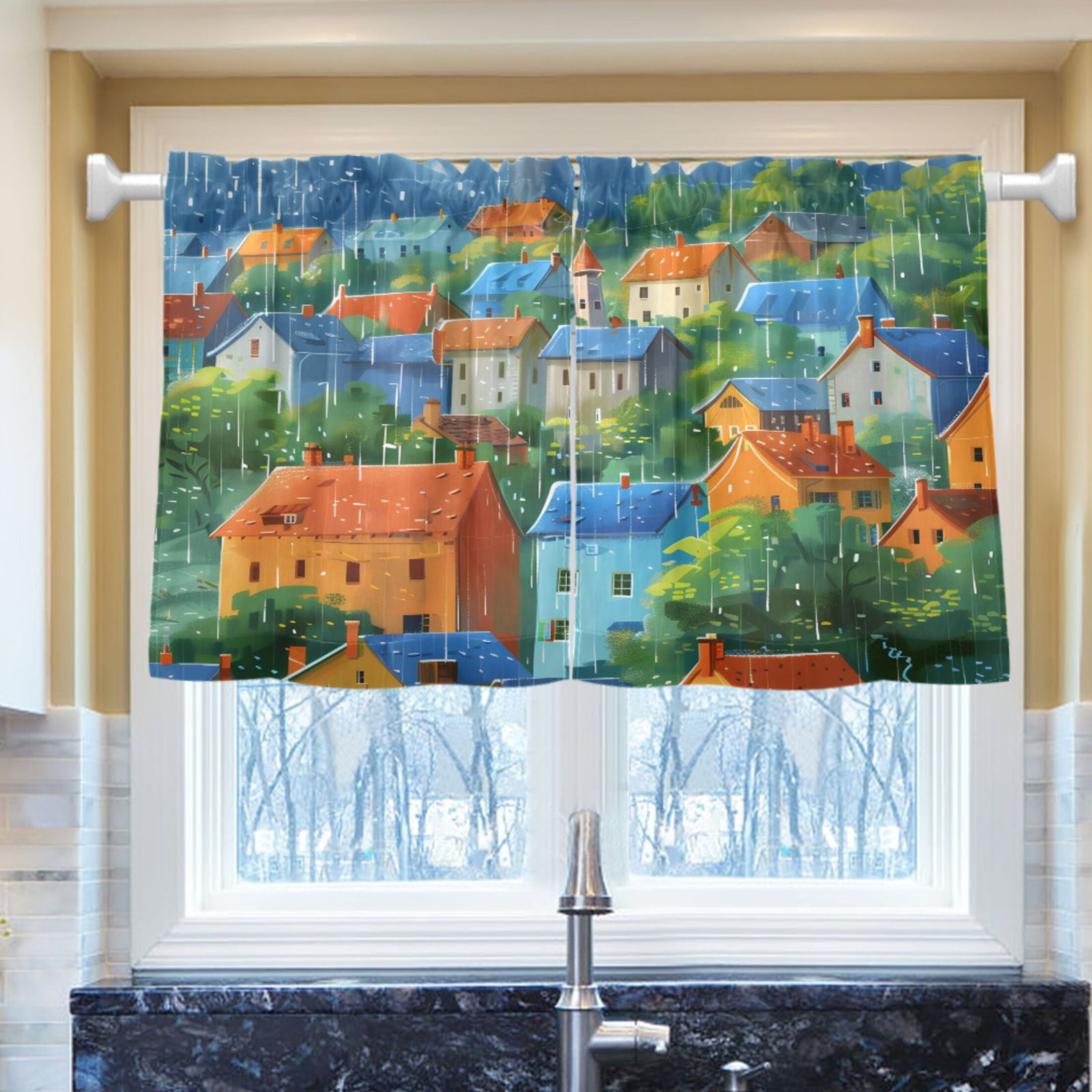 Ryvnso Beautiful City with Rain Half Curtains Sets Tier 2 Panels Short ...
