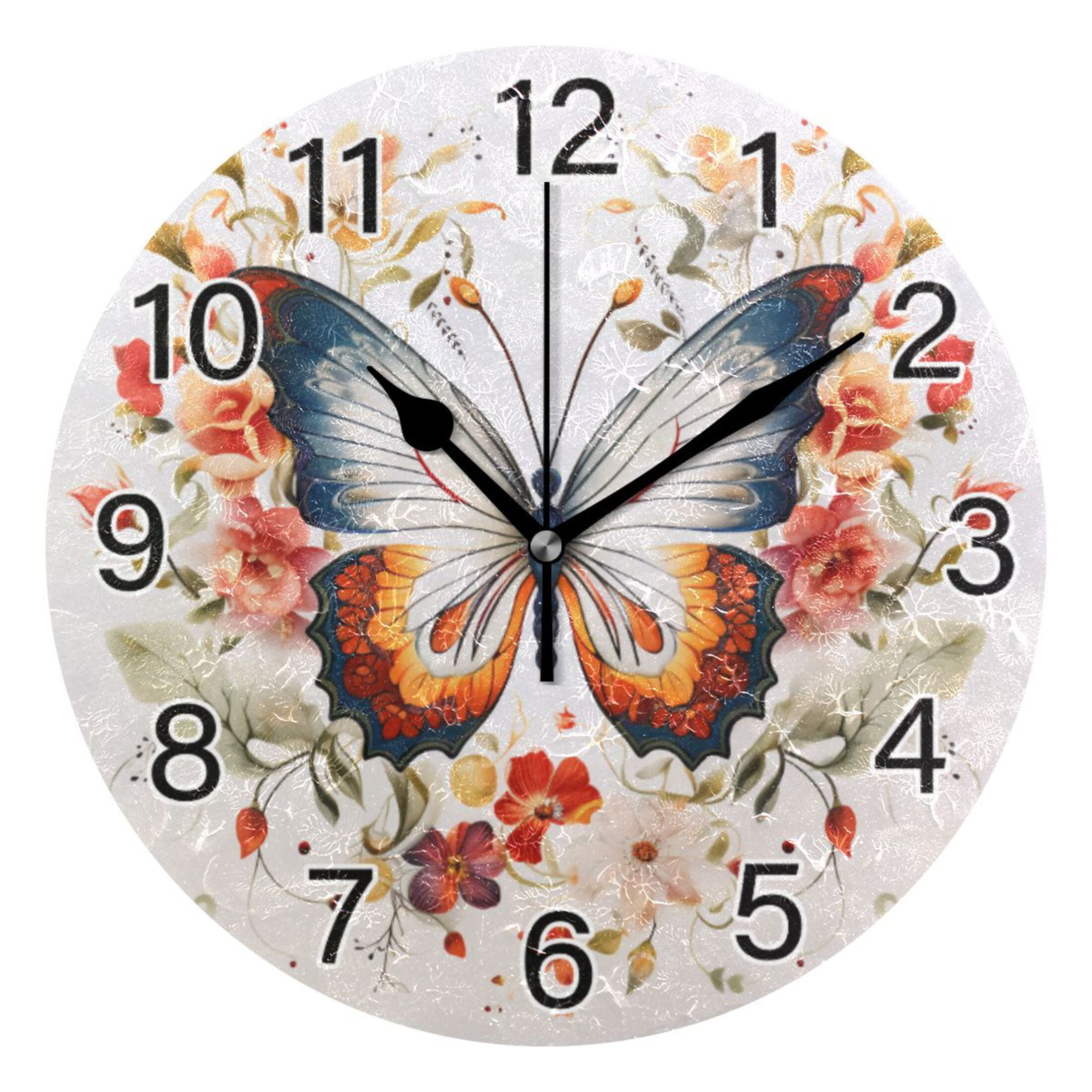 Ryvnso Beautiful Floral on A Butterfly Wall Clock Non Ticking Silent ...