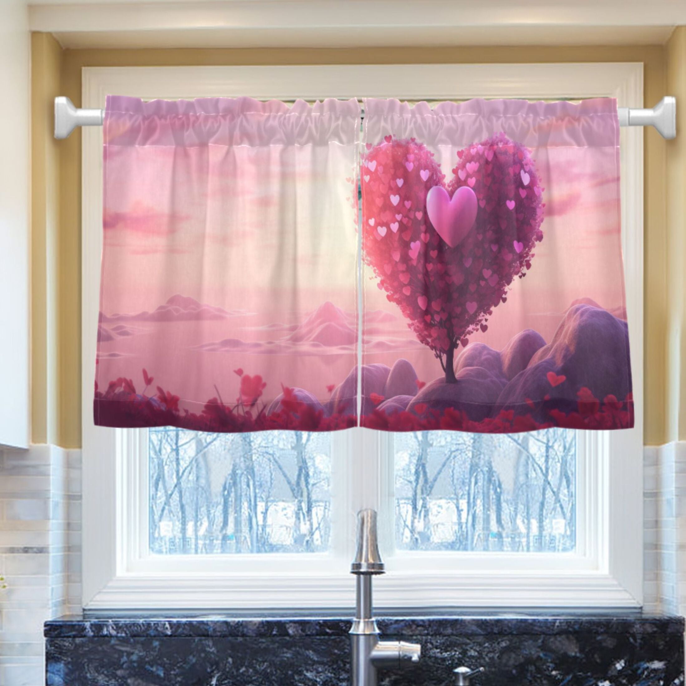 Ryvnso Beautiful Heart Pattern Half Curtains Sets Tier 2 Panels Short ...