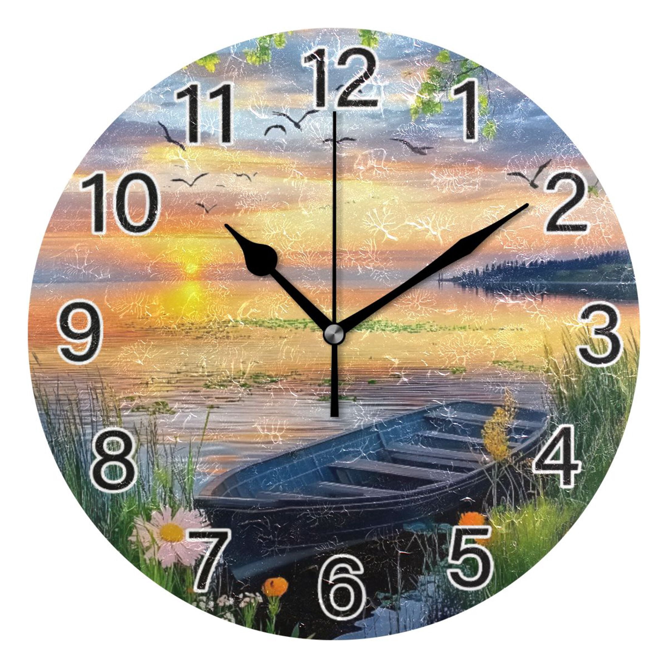Ryvnso Beautiful Lake Scene Wall Clock Non Ticking Silent Kitchen Clock ...
