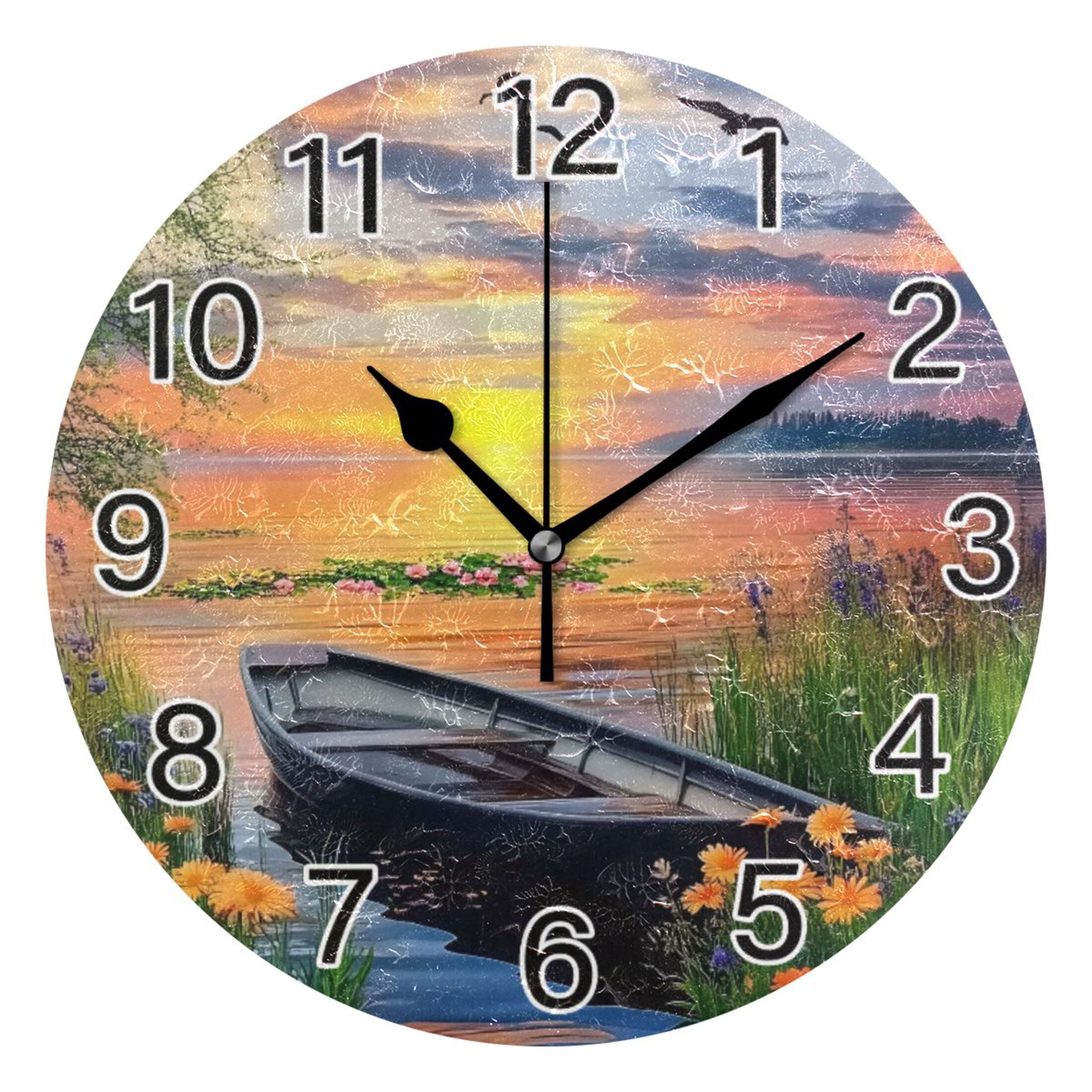 Ryvnso Beautiful Lake with Boat Wall Clock Non Ticking Silent Kitchen ...