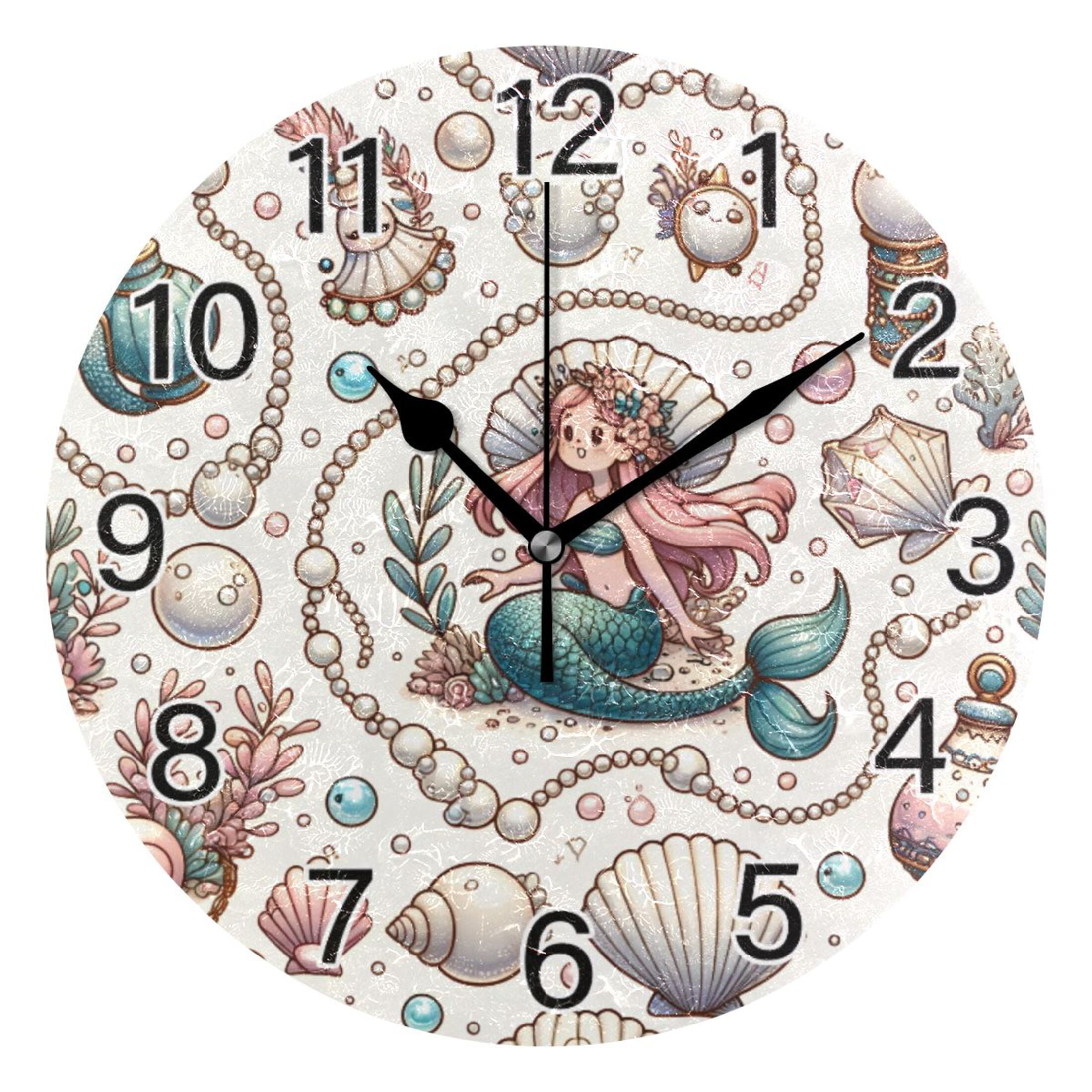 Ryvnso Beautiful Mermaid Girl on Shell Wall Clock Non Ticking Silent ...