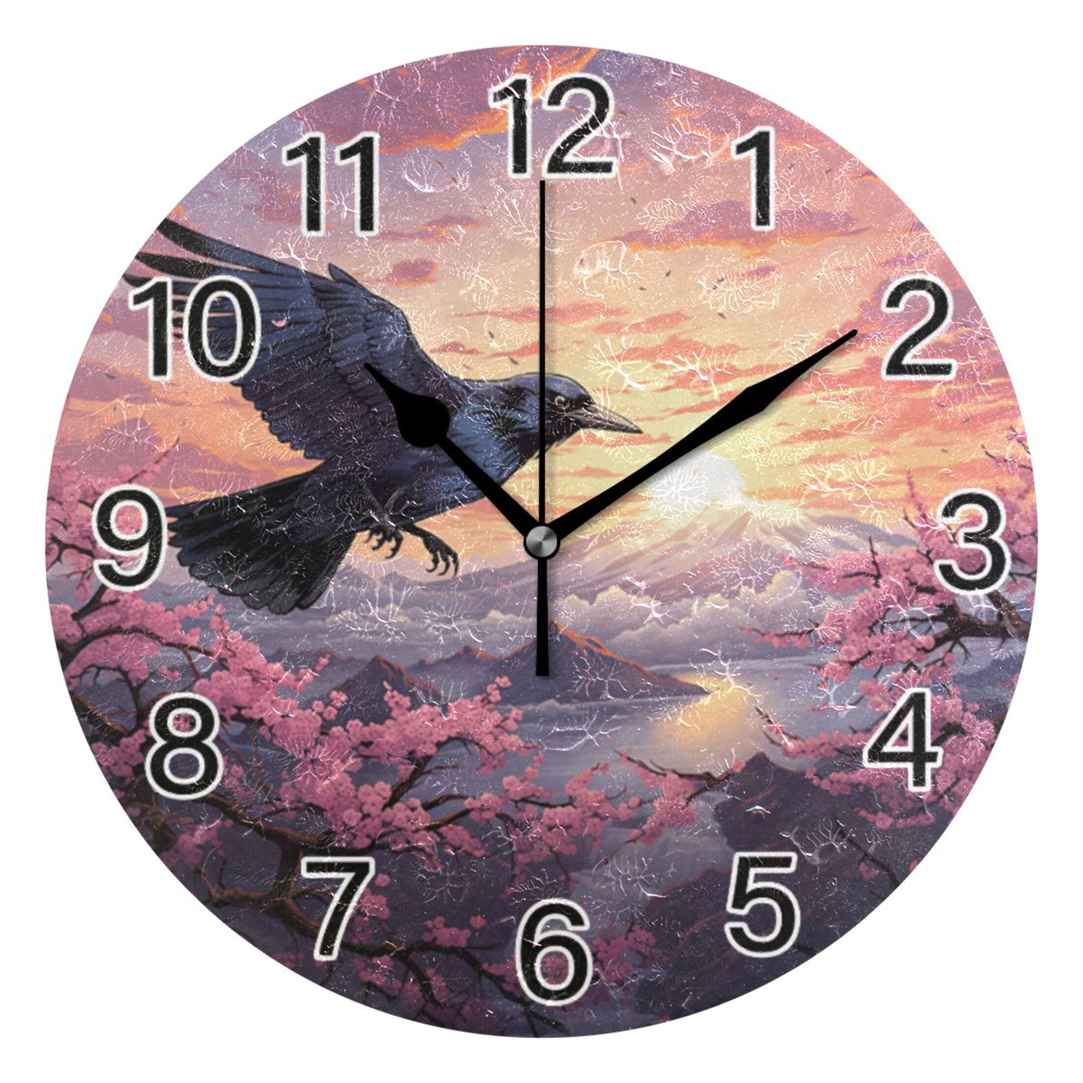 Ryvnso Bird and Cherry Flower Wall Clock Non Ticking Silent Kitchen ...