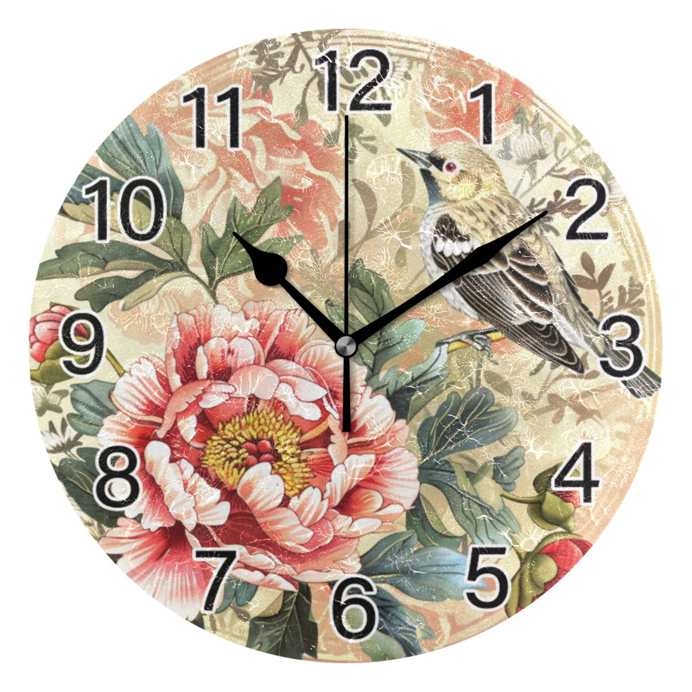 Ryvnso Bird on Peony Retro Flower Wall Clock Non Ticking Silent Kitchen ...