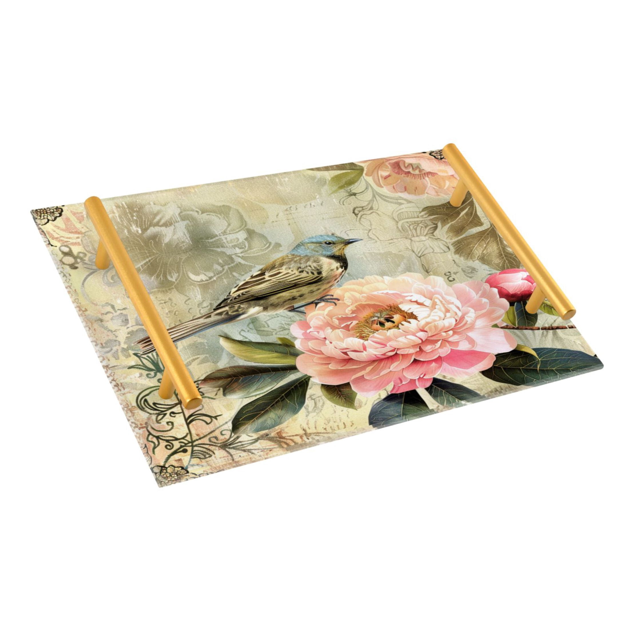 Ryvnso Bird on Retro Peony Flower Bathroom Tray Vanity Countertop Trays ...