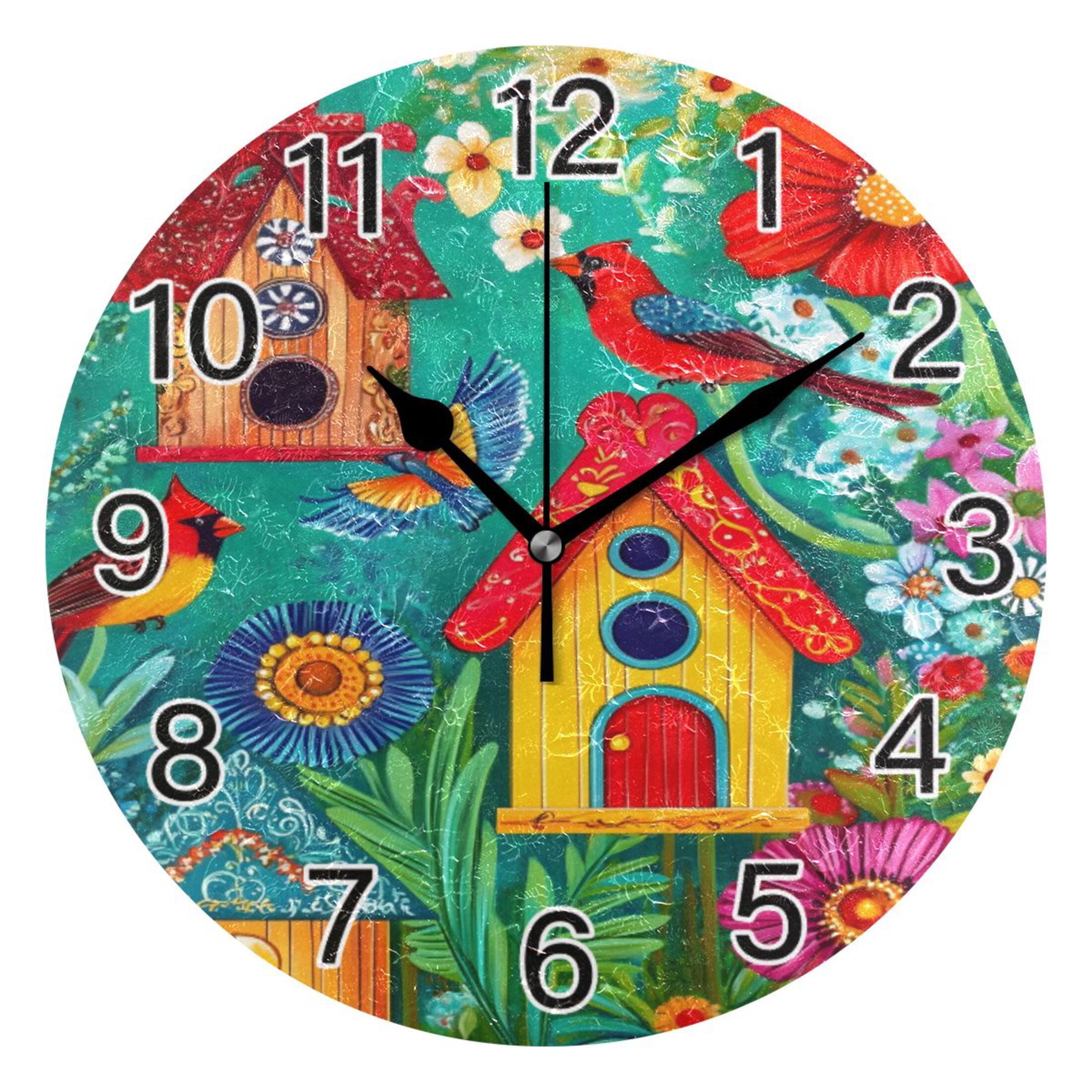 Ryvnso Birdhouses Flowers Cardinals Wall Clock Non Ticking Silent ...