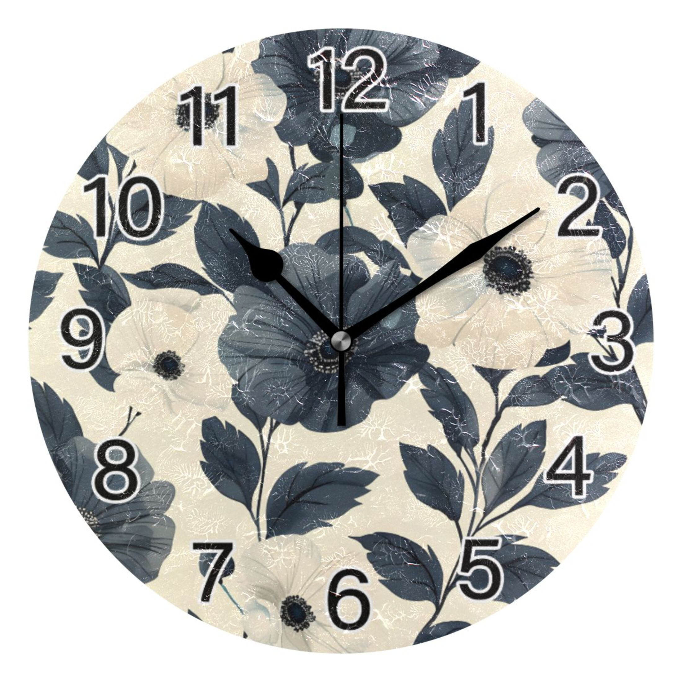 Ryvnso Black Peony Flower Wall Clock Non Ticking Silent Kitchen Clock ...