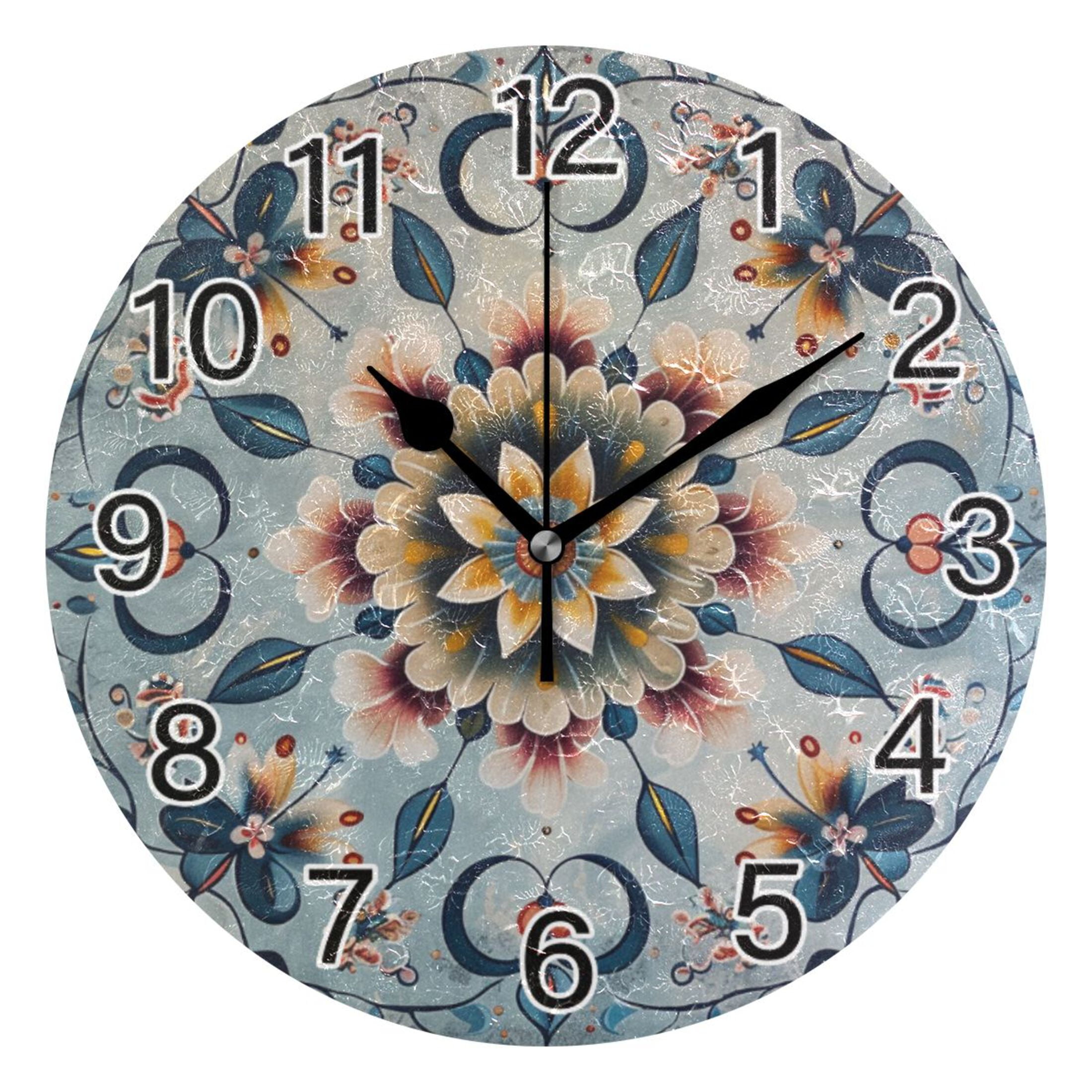 Ryvnso Bohemian Floral Medallion Wall Clock Non Ticking Silent Kitchen ...