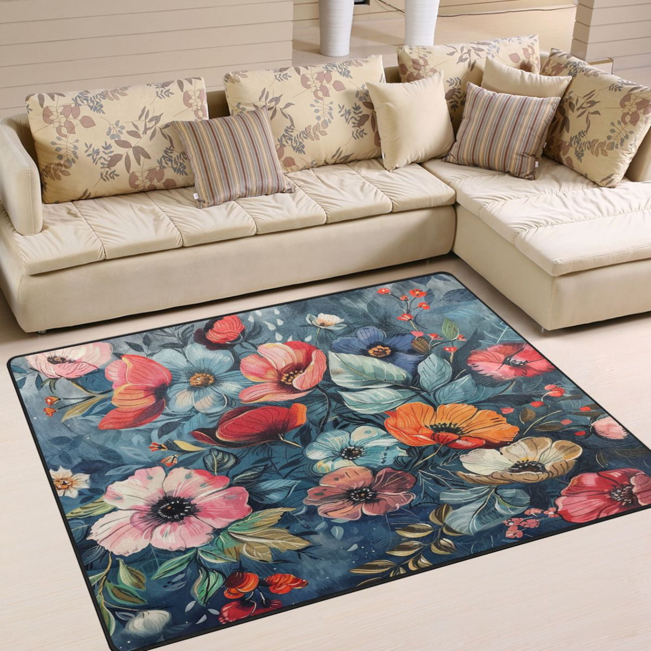 Ryvnso Boho Floral Area Floor Rugs Soft Non-Slip Large Mats Nursery ...