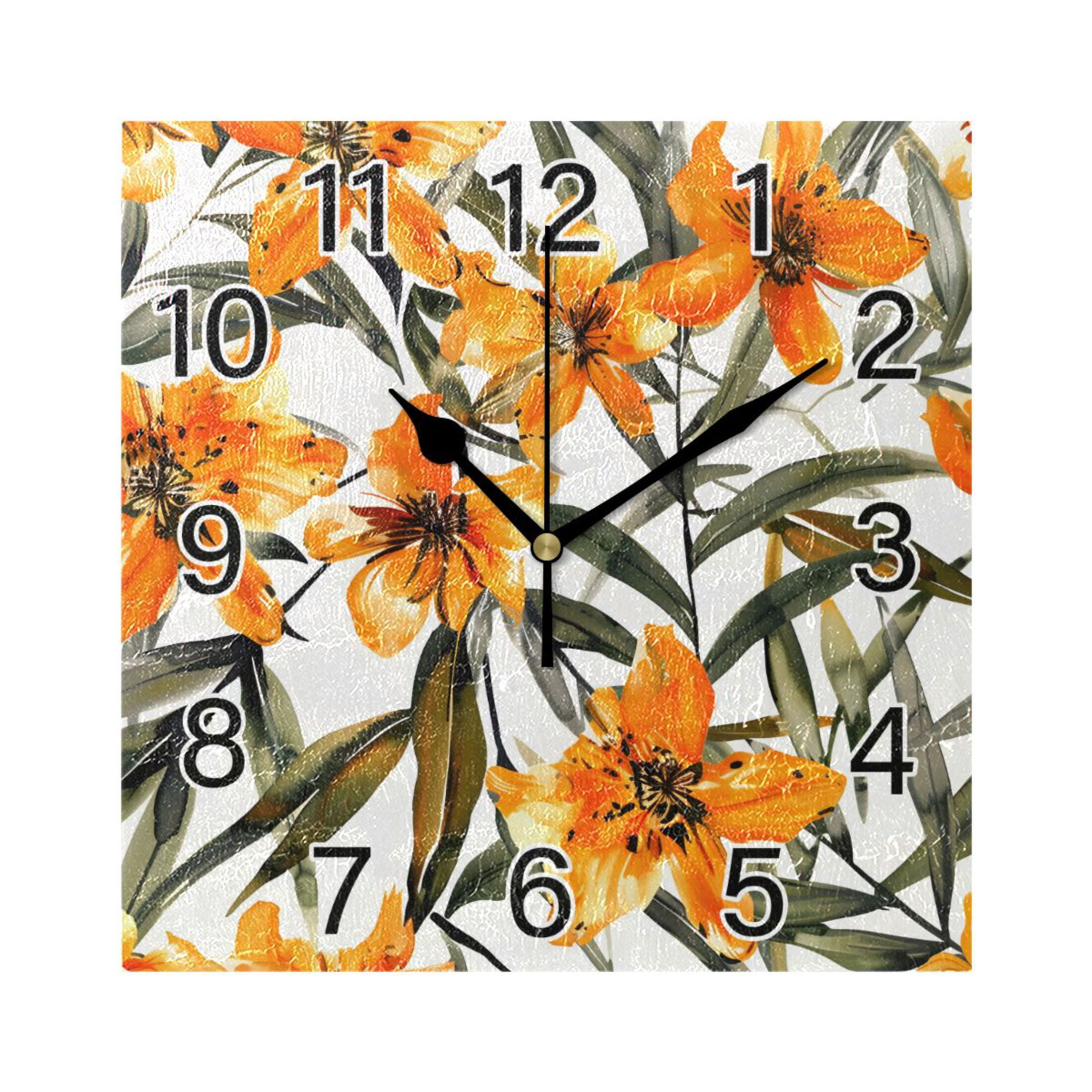 Ryvnso Botanical Flower Leaves Wall Clock Square Silent Non-Ticking ...