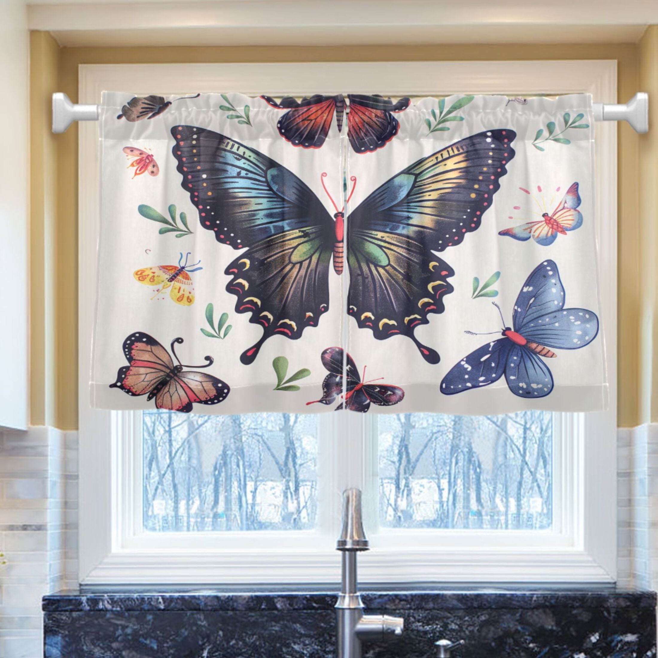 Ryvnso Butterfly Flying Half Curtains Sets Tier 2 Panels Short Curtain ...