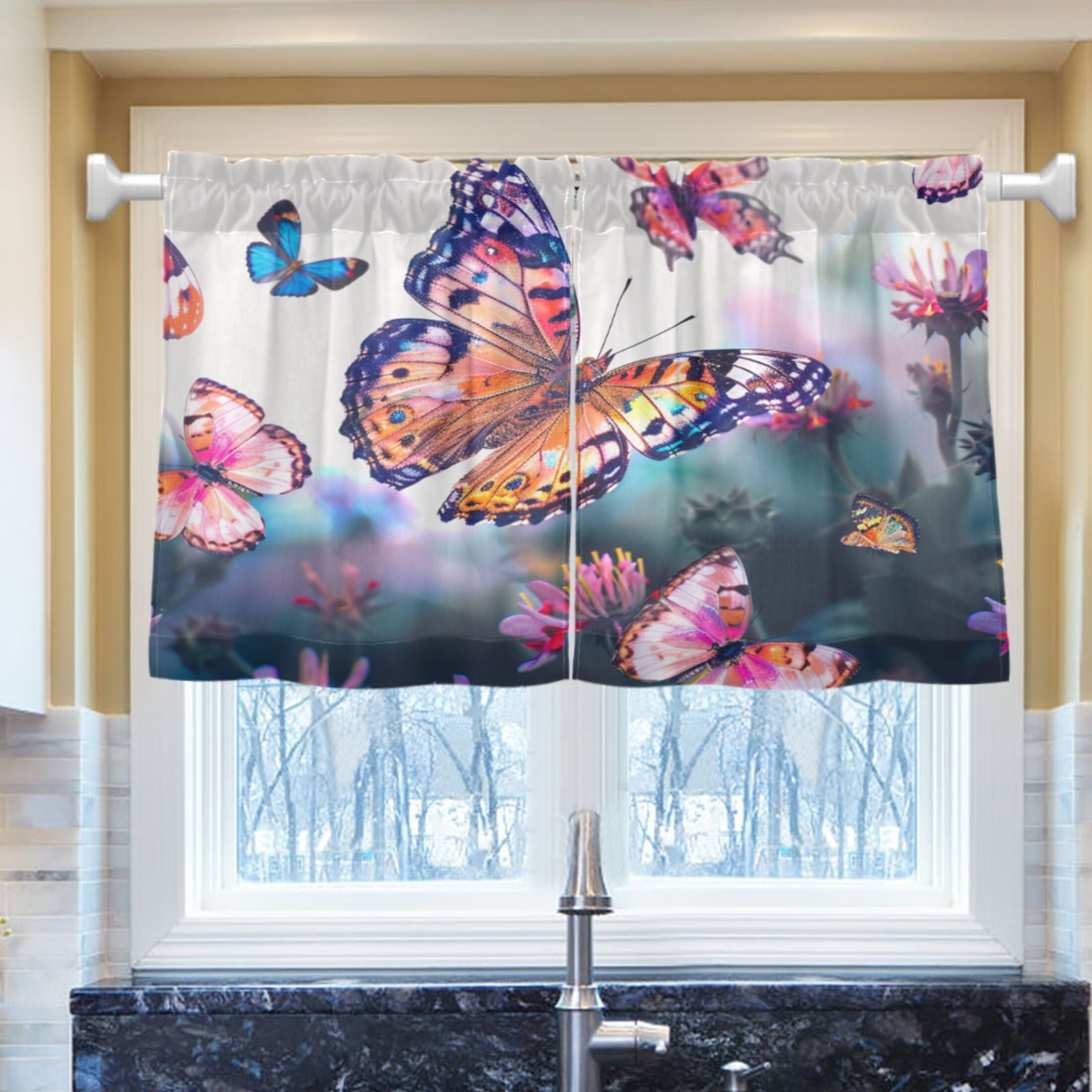 Ryvnso Butterfly Flying in Flower Half Curtains Sets Tier 2 Panels ...