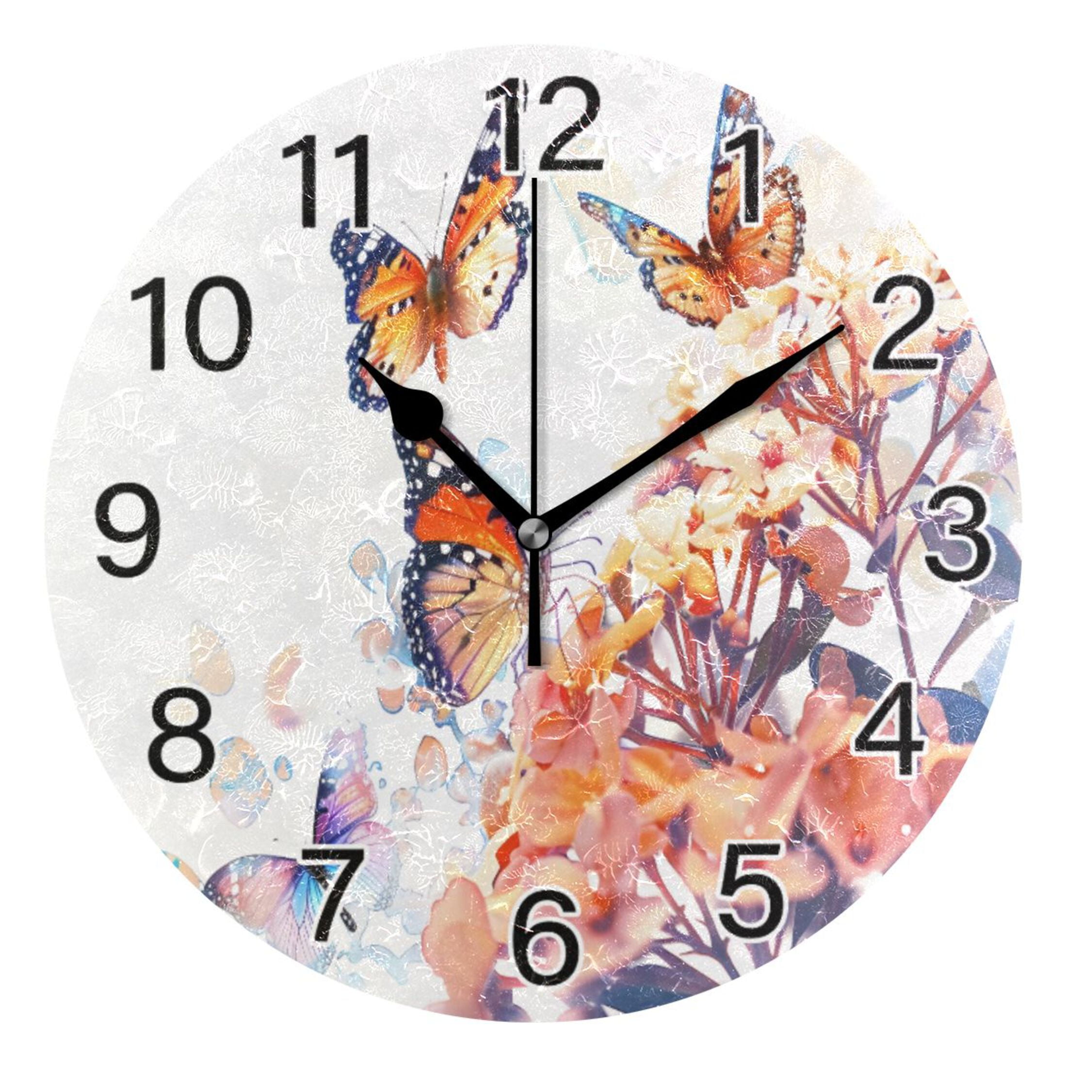 Ryvnso Butterfly Flying on Flower Wall Clock Non Ticking Silent Kitchen ...