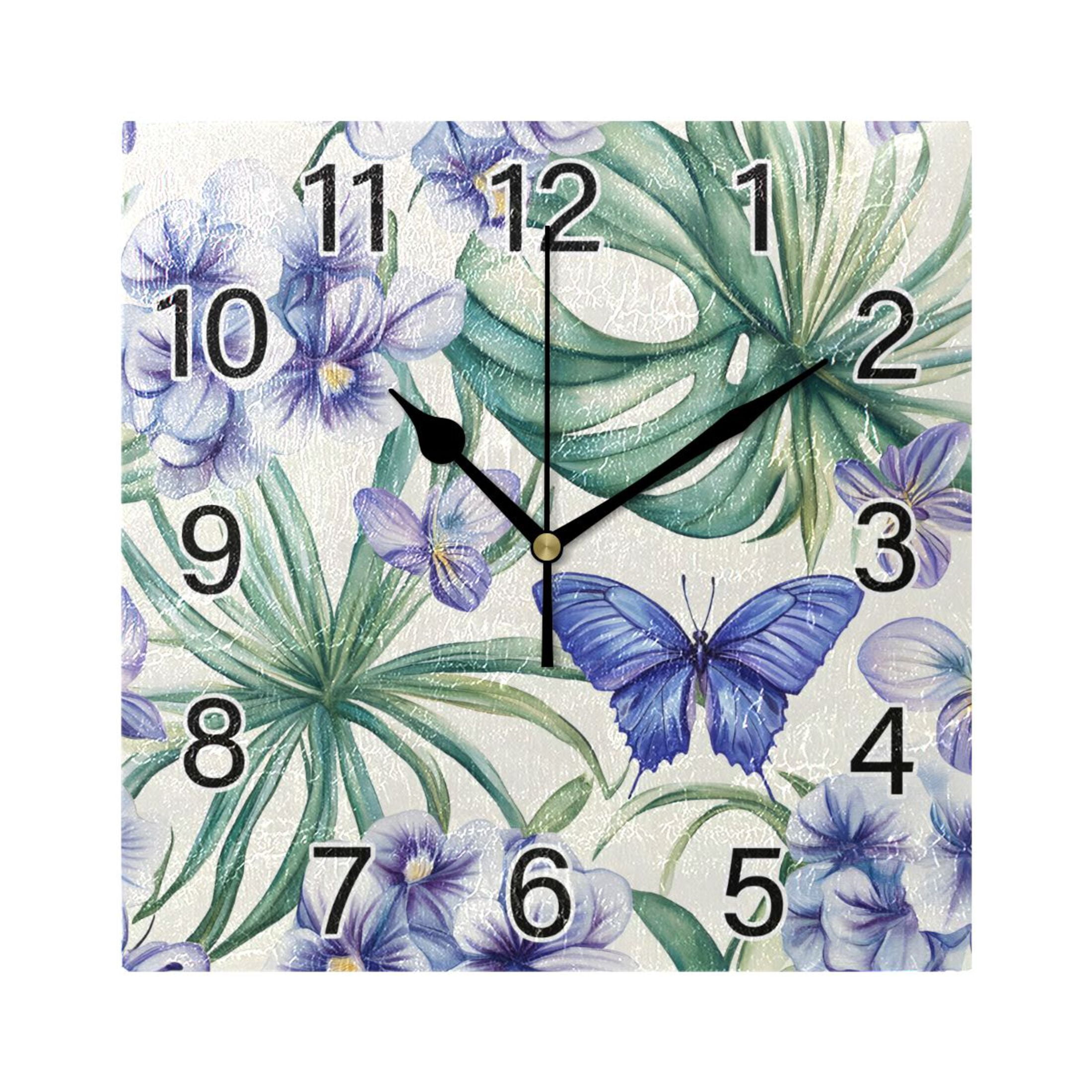 Ryvnso Butterfly Orchid Flowers Wall Clock Square Silent Non-Ticking ...