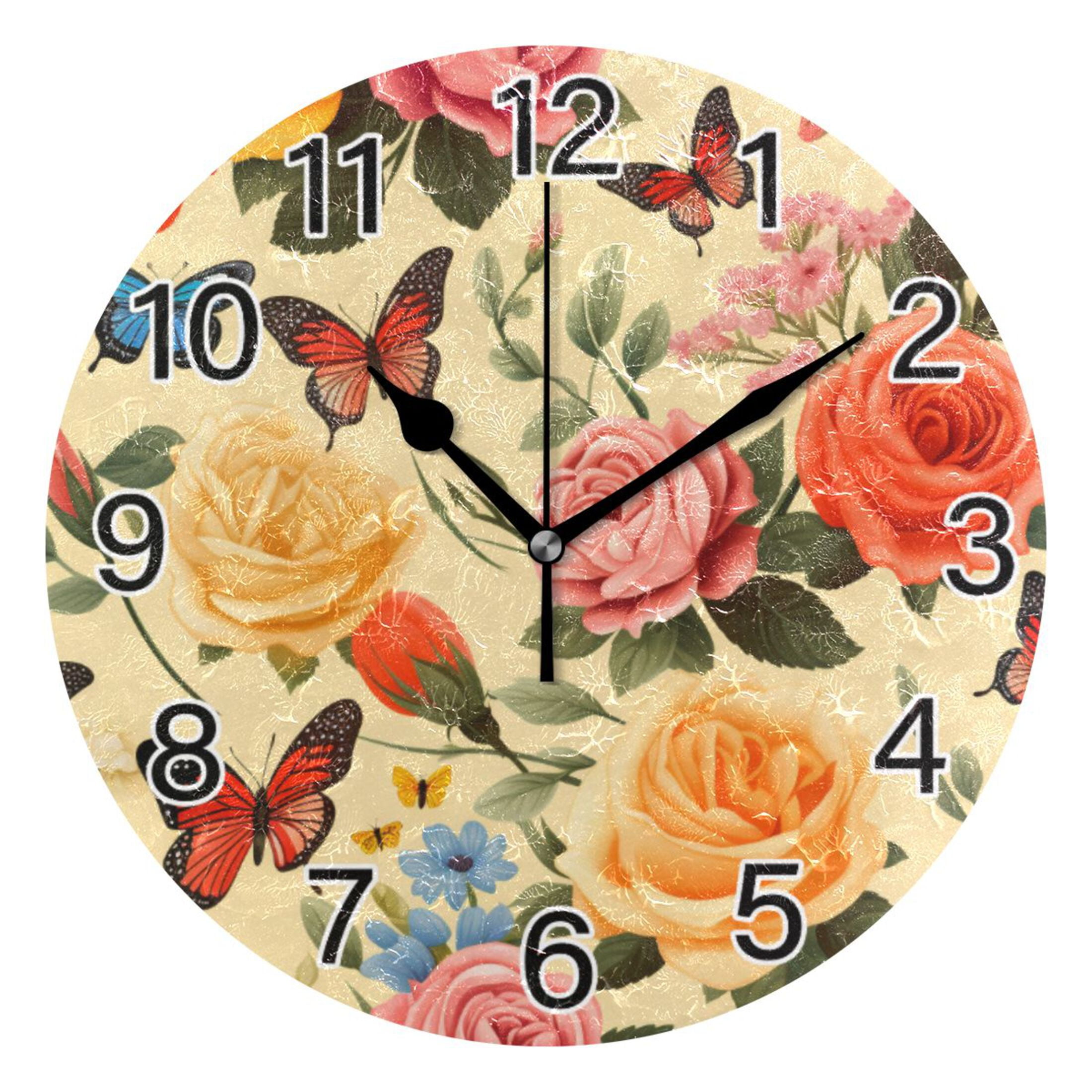 Ryvnso Butterfly and Roses Flowers Wall Clock Non Ticking Silent ...