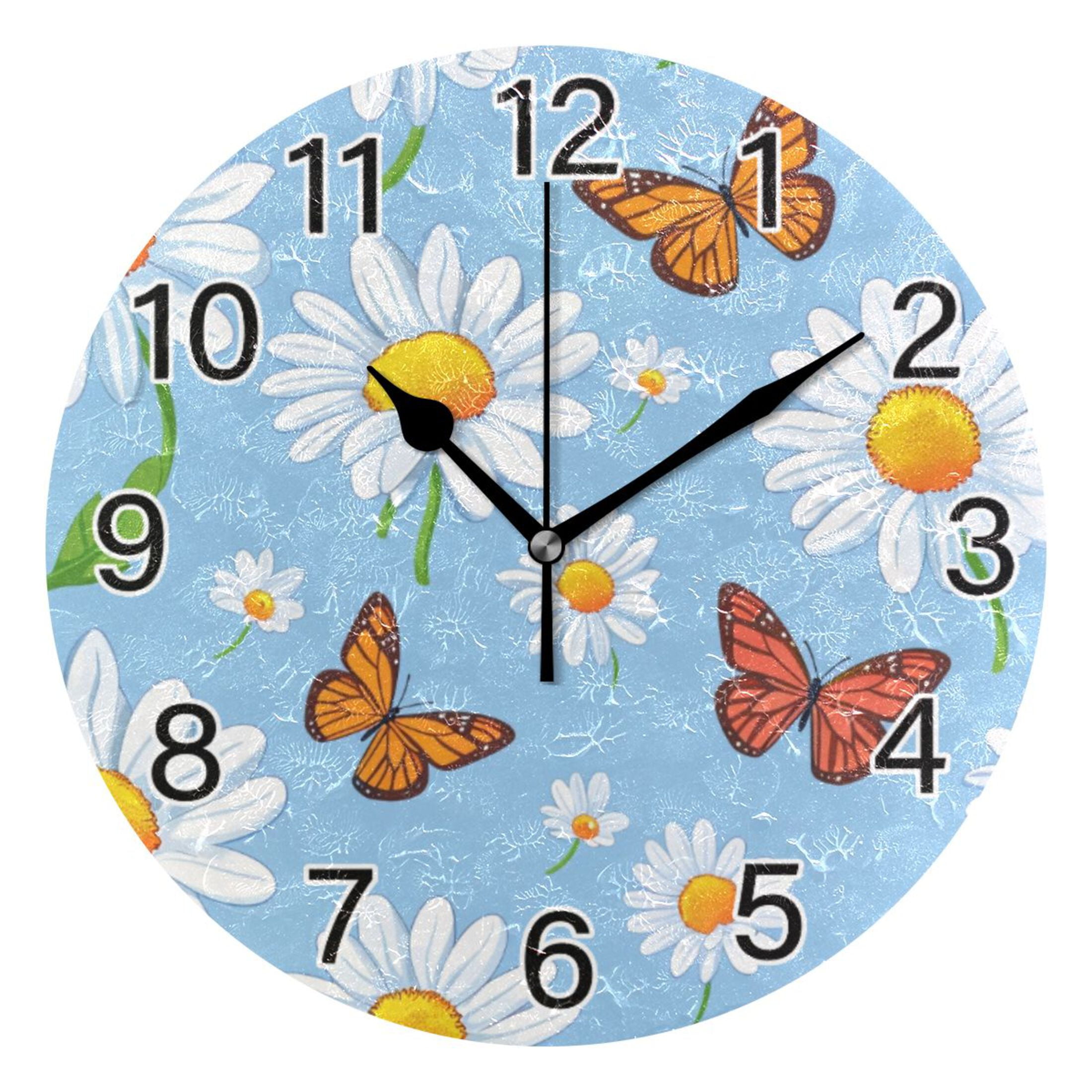 Ryvnso Butterfly and Sunflowers on Blue Wall Clock Non Ticking Silent ...