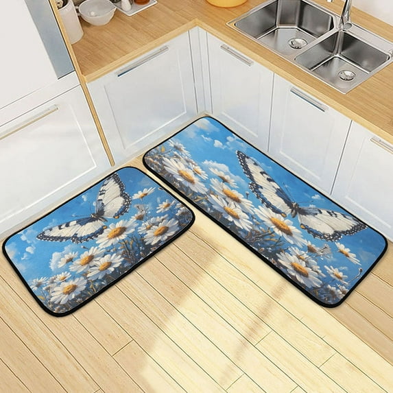 Ryvnso Butterfly on Daisy Flower Kitchen Rugs Set Non Slip Runner Mats ...