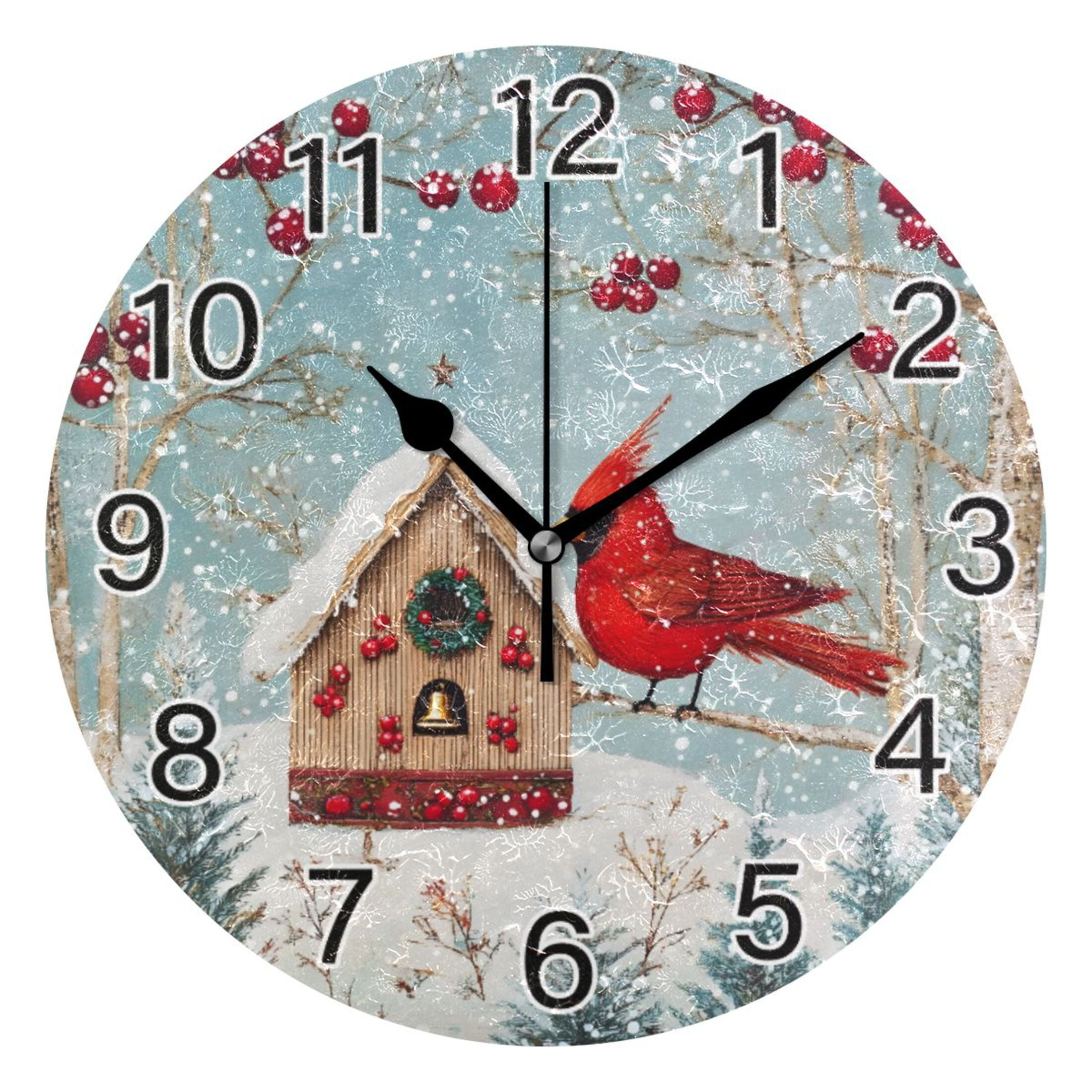 Ryvnso Cardinal Bird Christmas Wall Clock Non Ticking Silent Kitchen ...