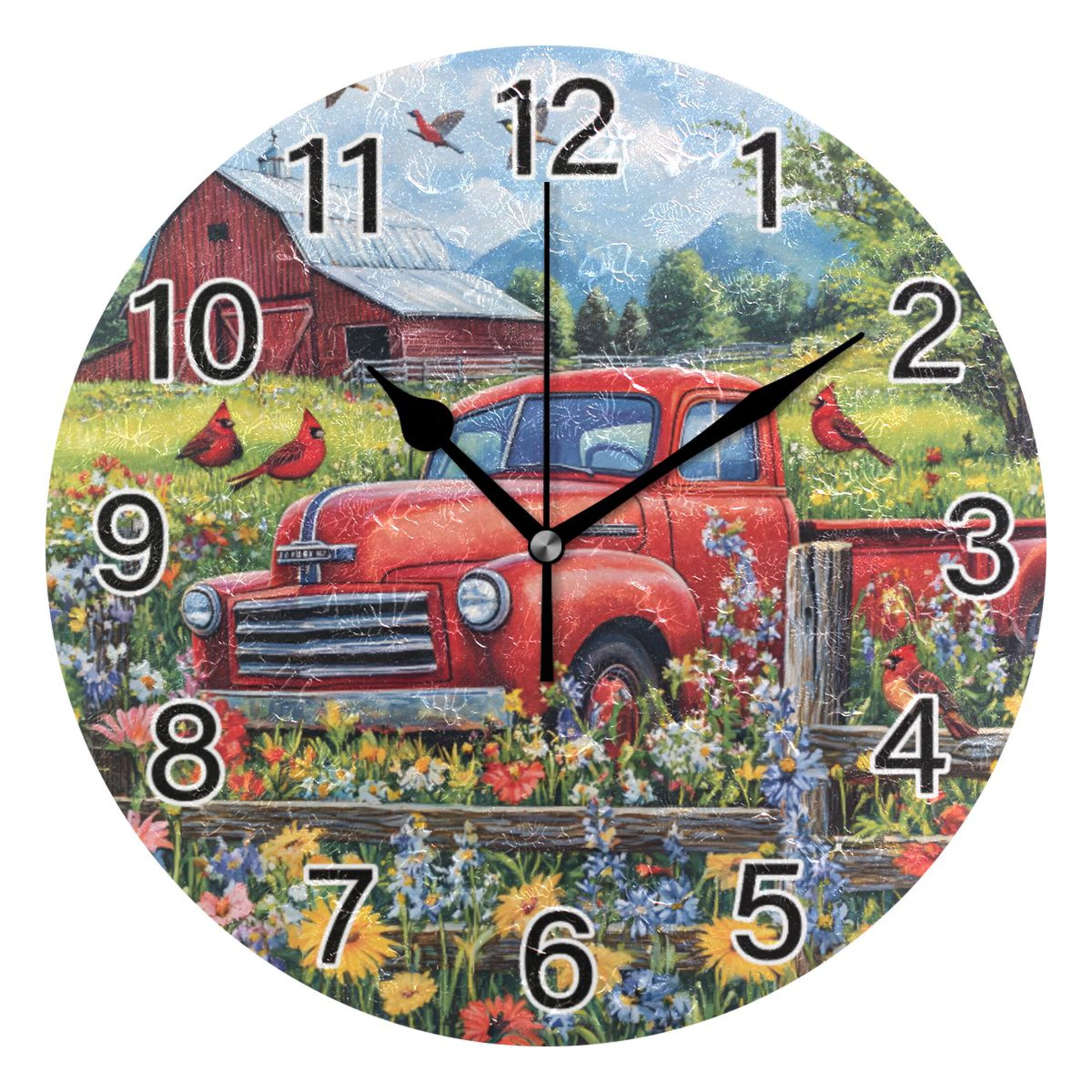 Ryvnso Cardinal Bird Truck Farm Wall Clock Non Ticking Silent Kitchen ...