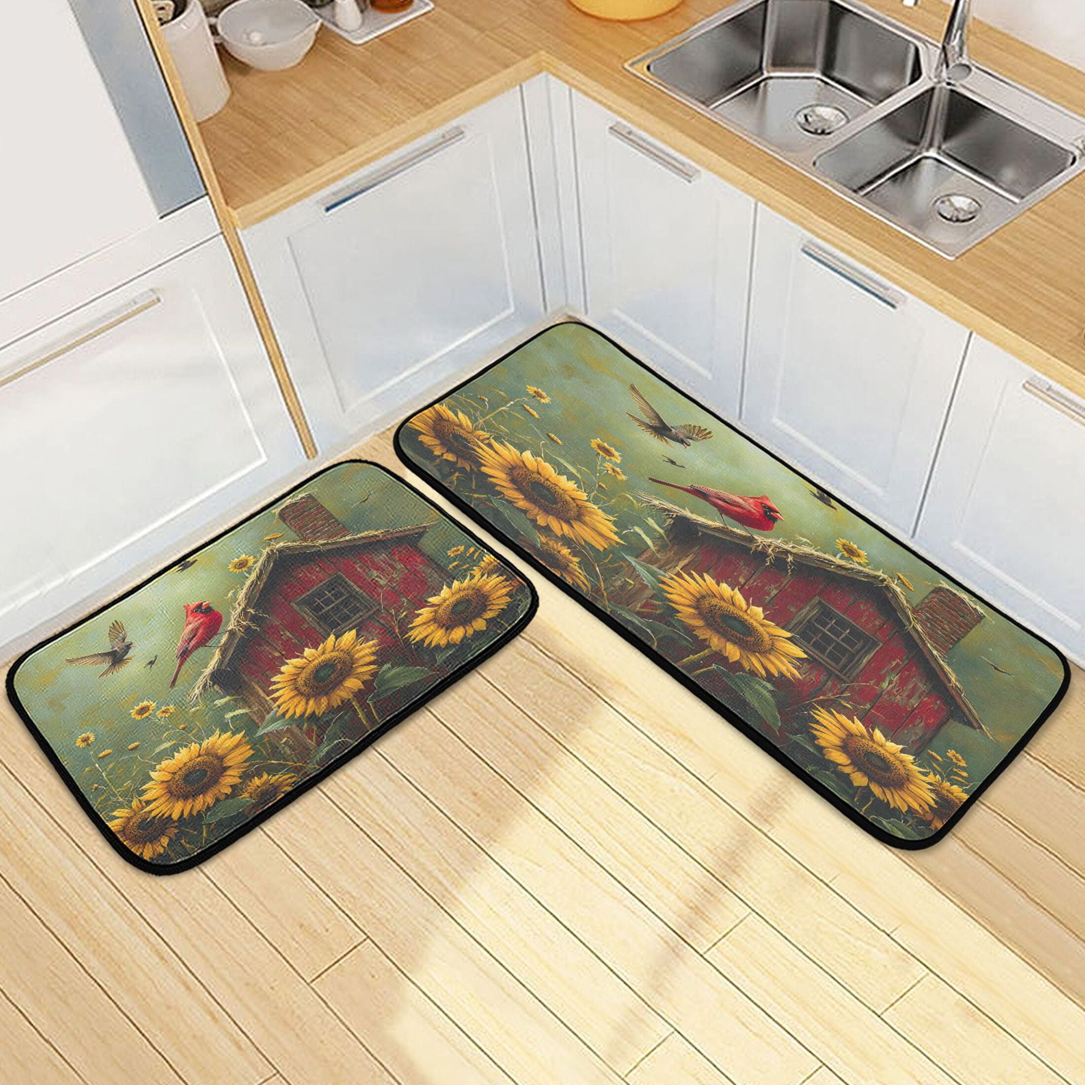 Ryvnso Cardinal on House Sunflowers Kitchen Rugs Set Non Slip Runner ...