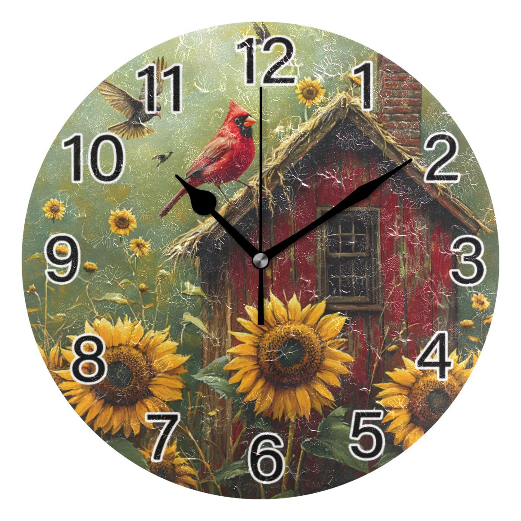Ryvnso Cardinal on House Sunflowers Wall Clock Non Ticking Silent ...