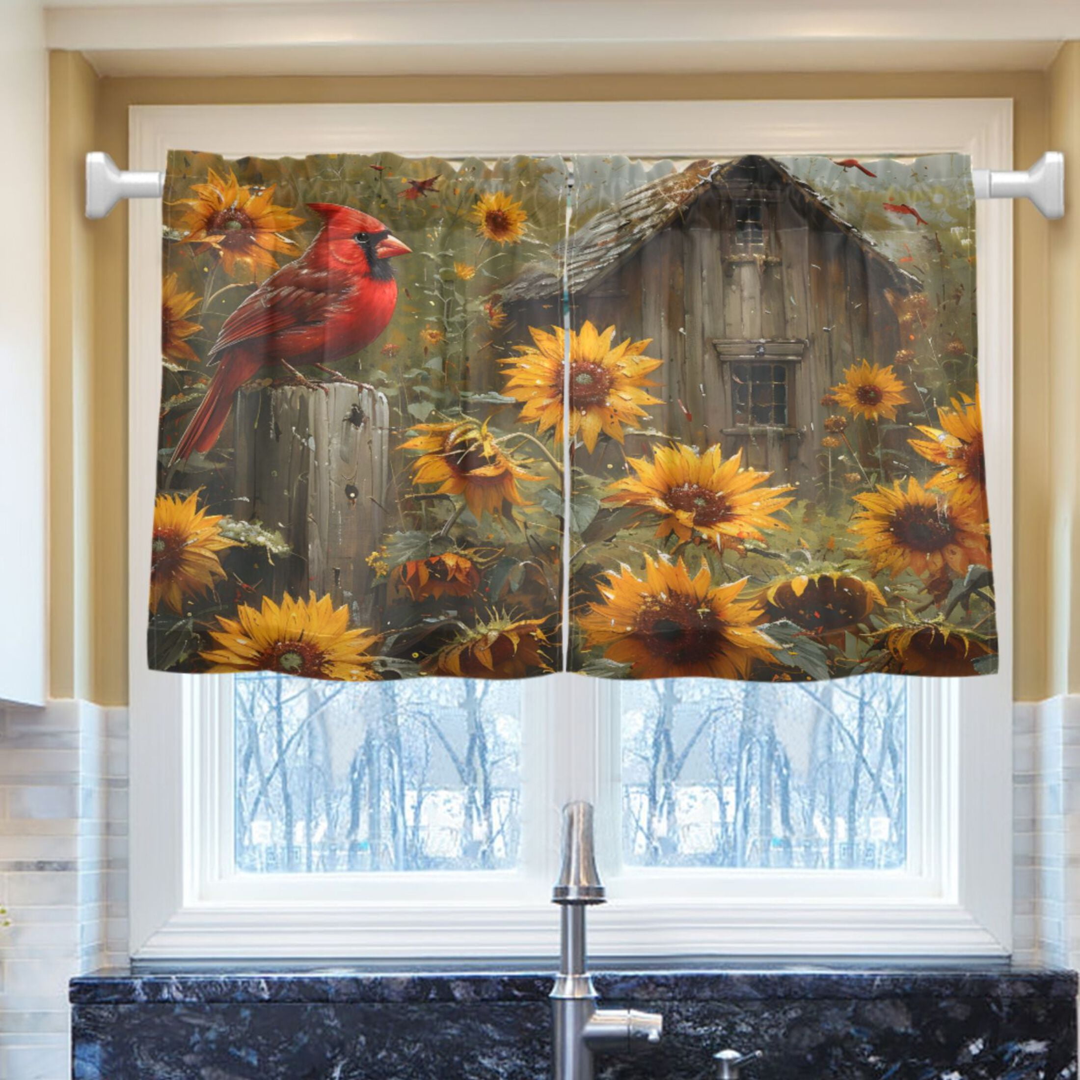 Ryvnso Cardinal with Sunflowers Half Curtains Sets Tier 2 Panels Short ...