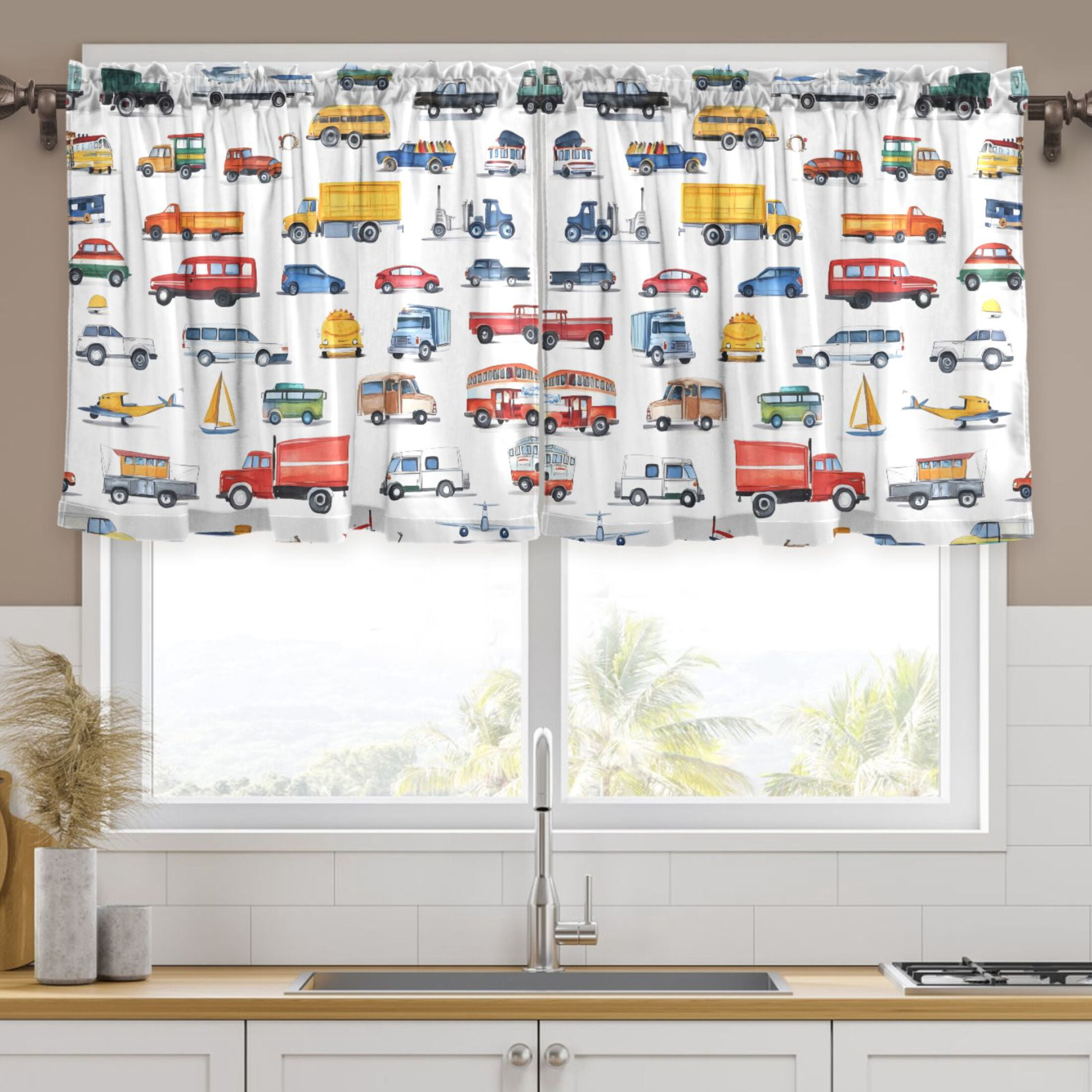 Ryvnso Cartoon Car Vehicle Curtains Sets Short Curtain Rod Pocket Half ...