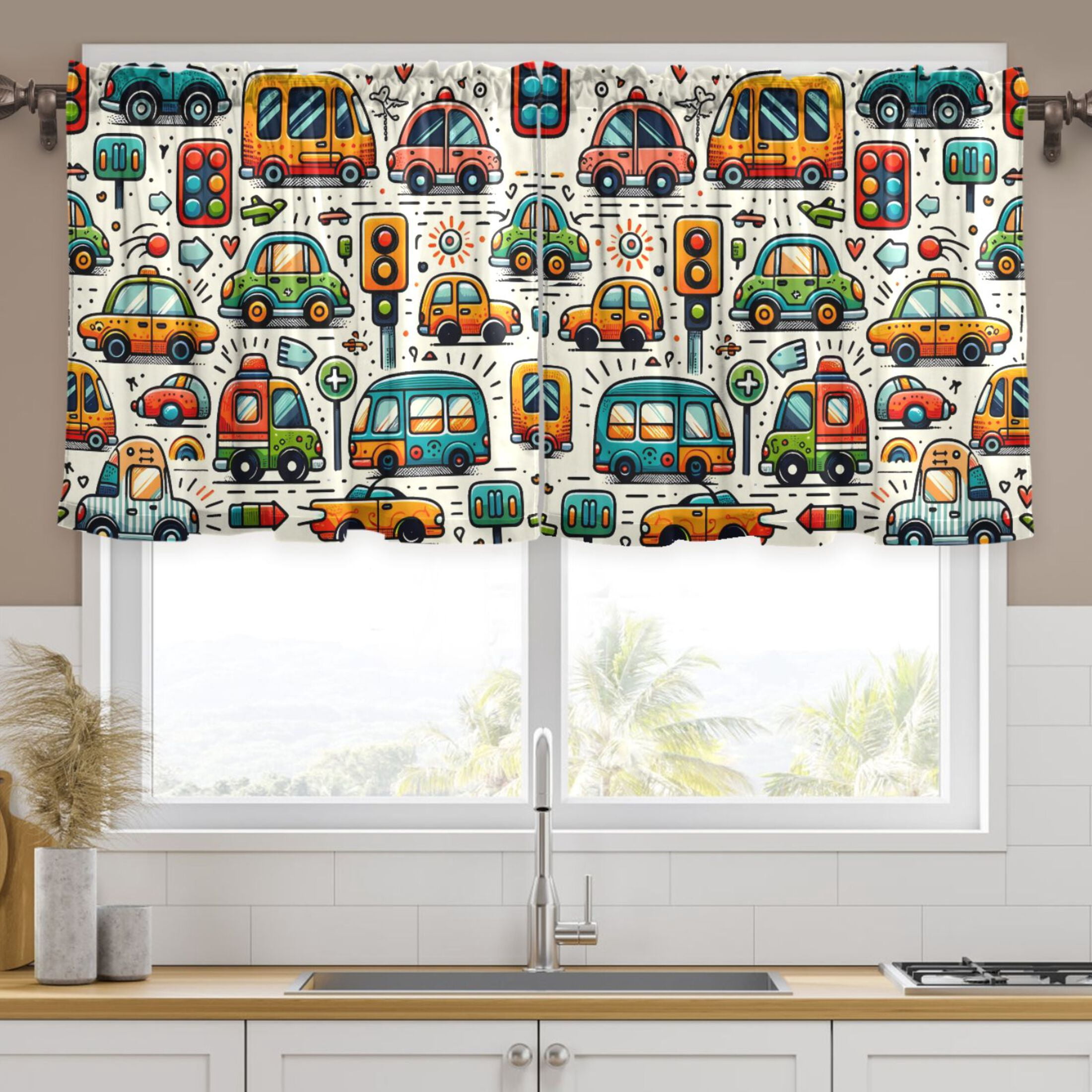Ryvnso Cartoon Cars Curtains Sets Short Curtain Rod Pocket Half Window ...