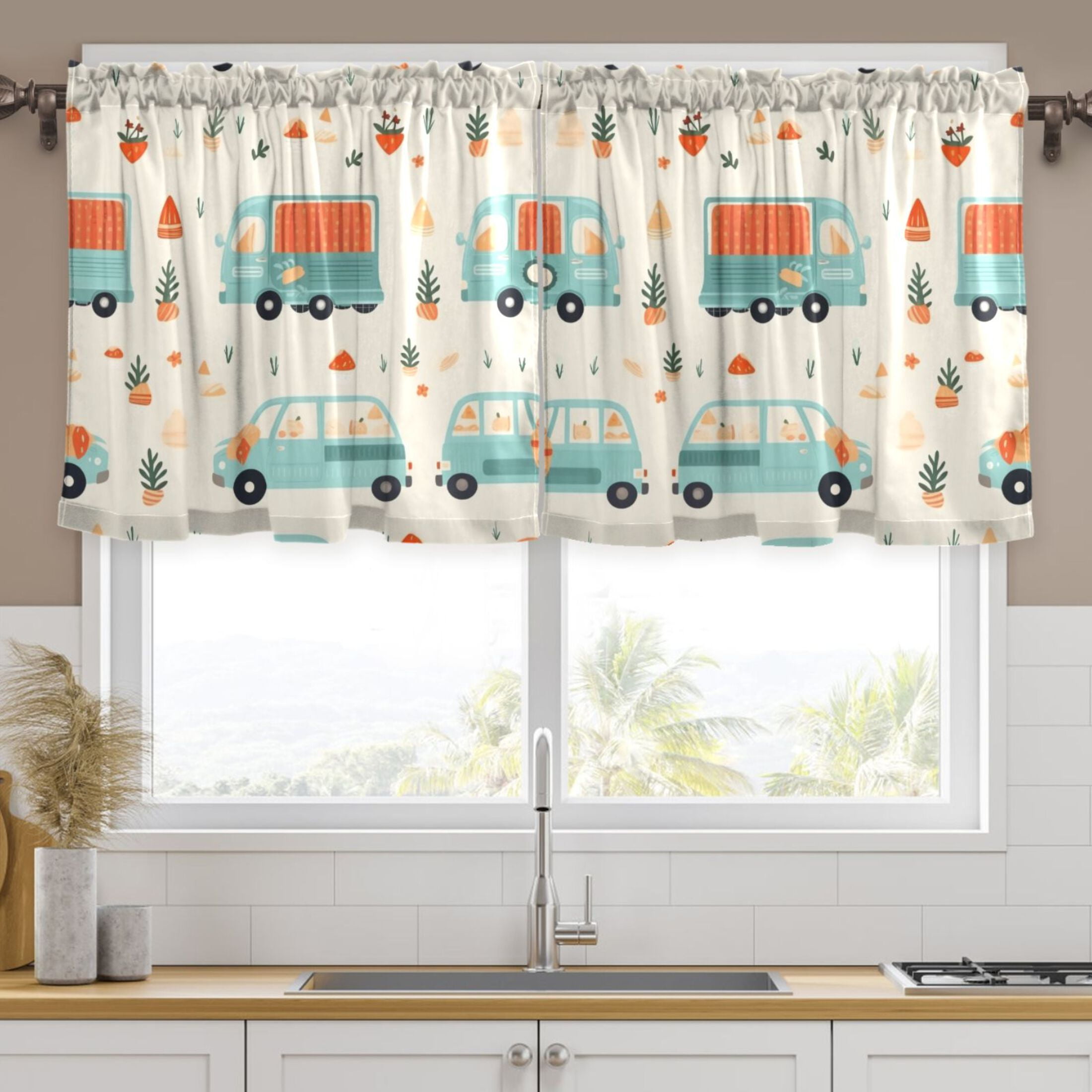 Ryvnso Cartoon Cars Vehicle Curtains Sets Short Curtain Rod Pocket Half ...