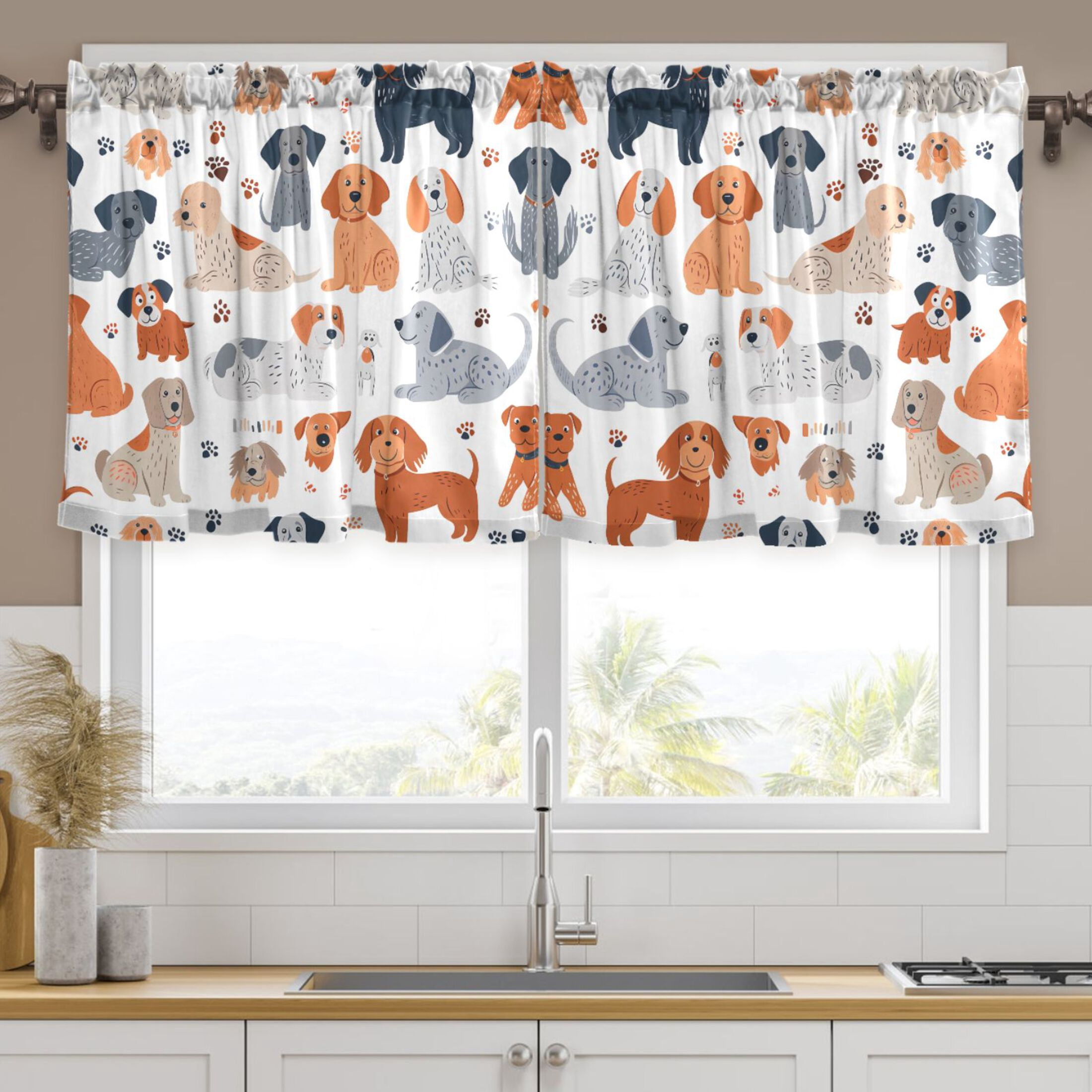 Ryvnso Cartoon Dogs and Footprints Curtains Sets Short Curtain Rod ...