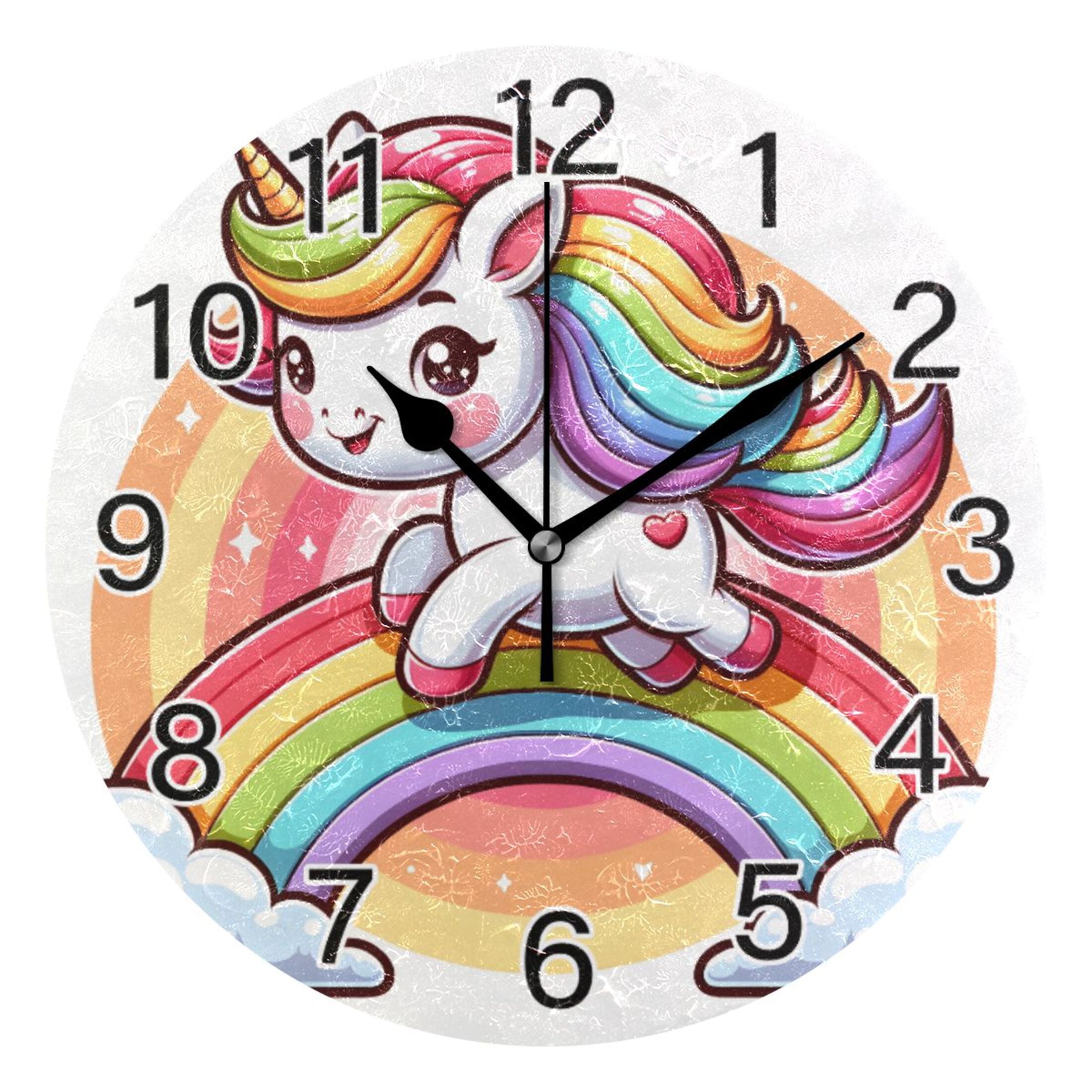 Ryvnso Cartoon Unicorn on Rainbow Wall Clock Non Ticking Silent Kitchen Clock Battery Operated ...