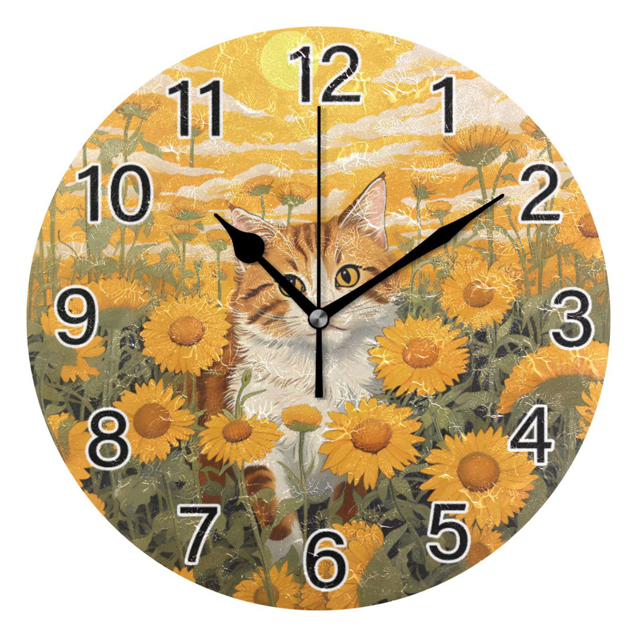 Ryvnso Cat in Sunflower Wall Clock Non Ticking Silent Kitchen Clock ...