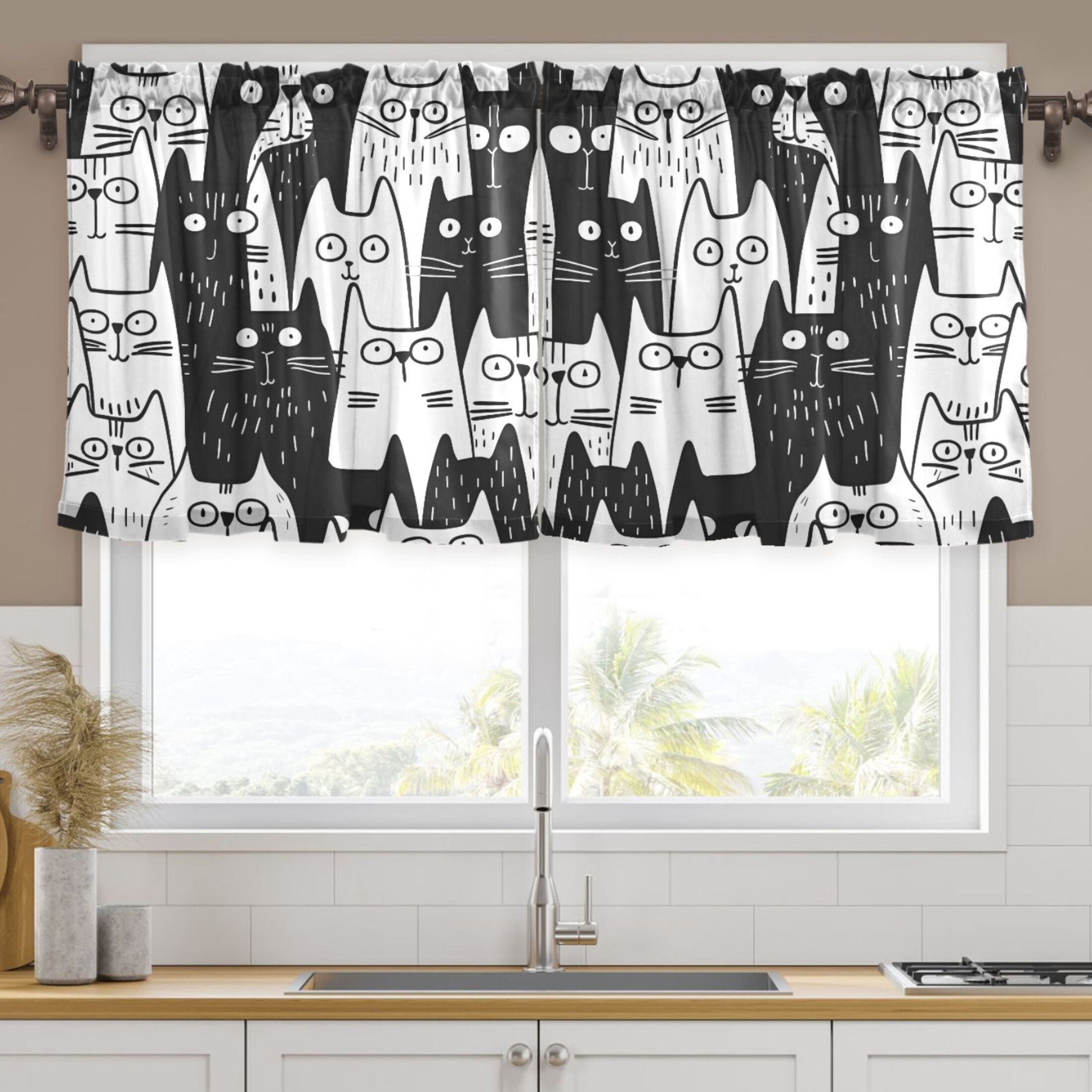 Ryvnso Cats Doodle Curtains Sets Short Curtain Rod Pocket Half Window ...