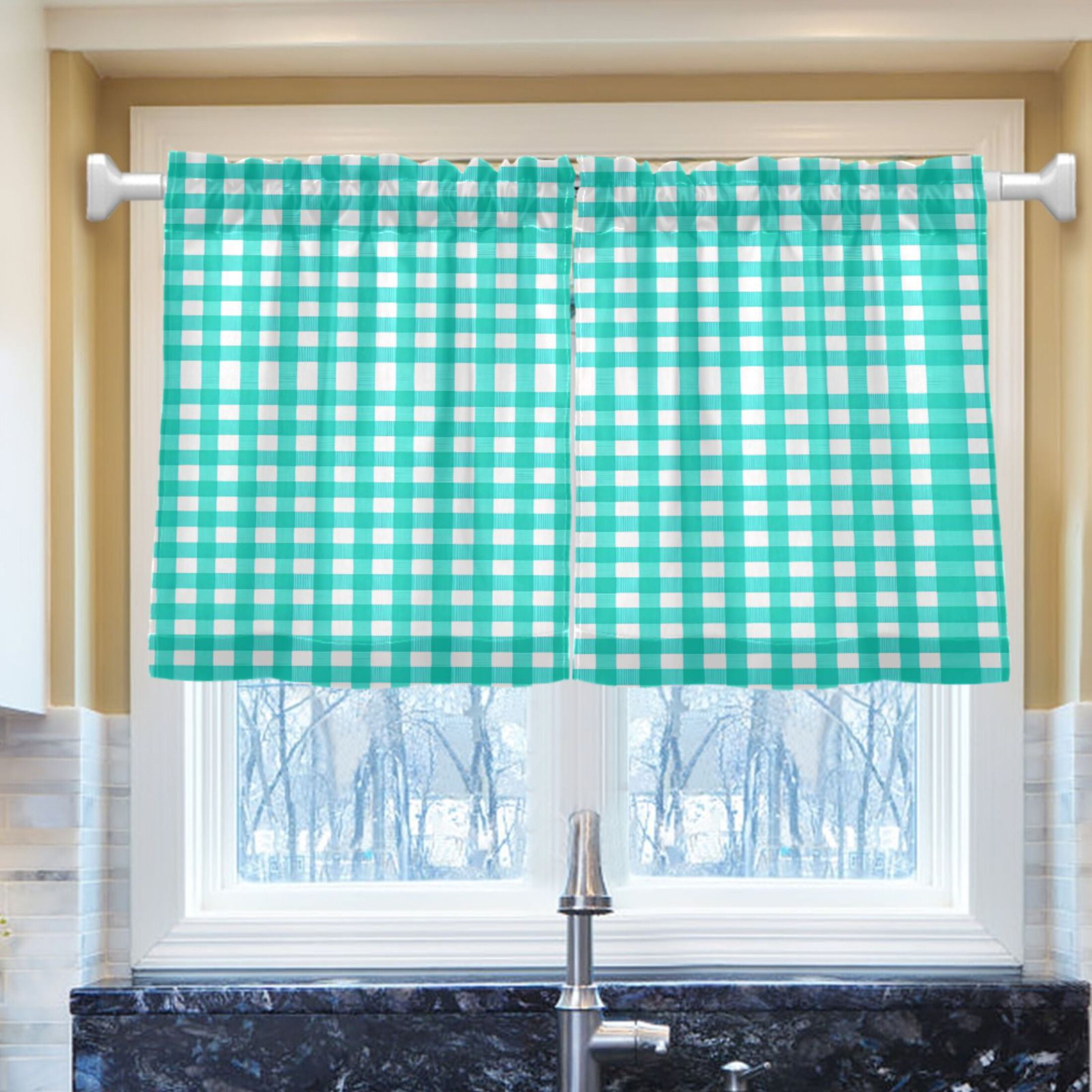 Ryvnso Checkered Grid Blue Half Curtains Sets Tier 2 Panels Short ...